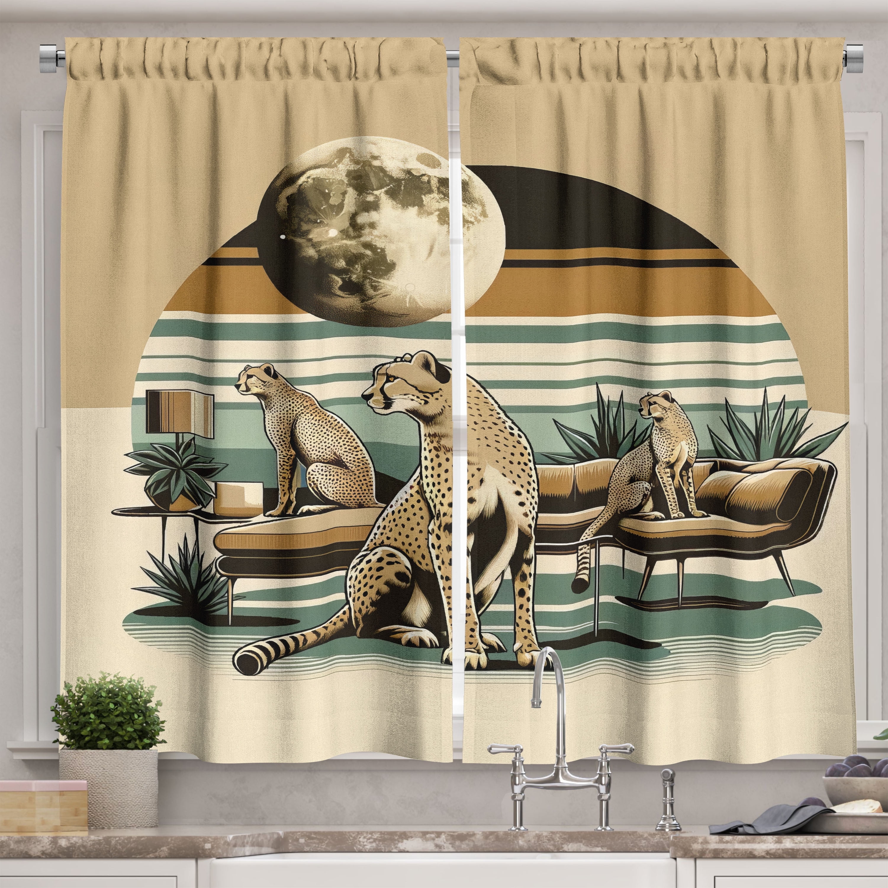 Ambesonne Cheetah Kitchen Curtains, Wild Cats Chilling Retro, 55"x30 ...