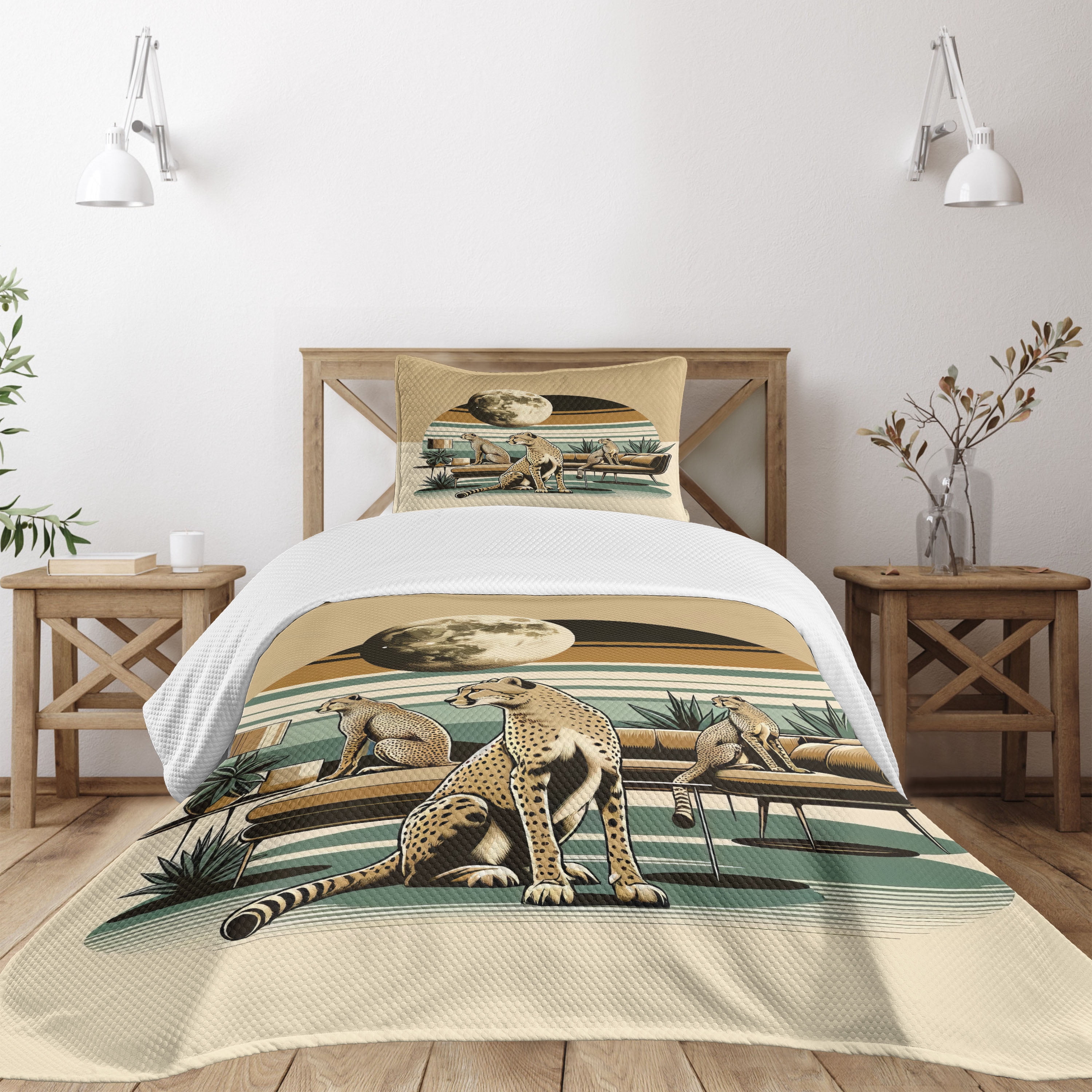 Ambesonne Cheetah Quilted Bedspread Set 2 Pcs, Wild Cats Chilling Retro ...