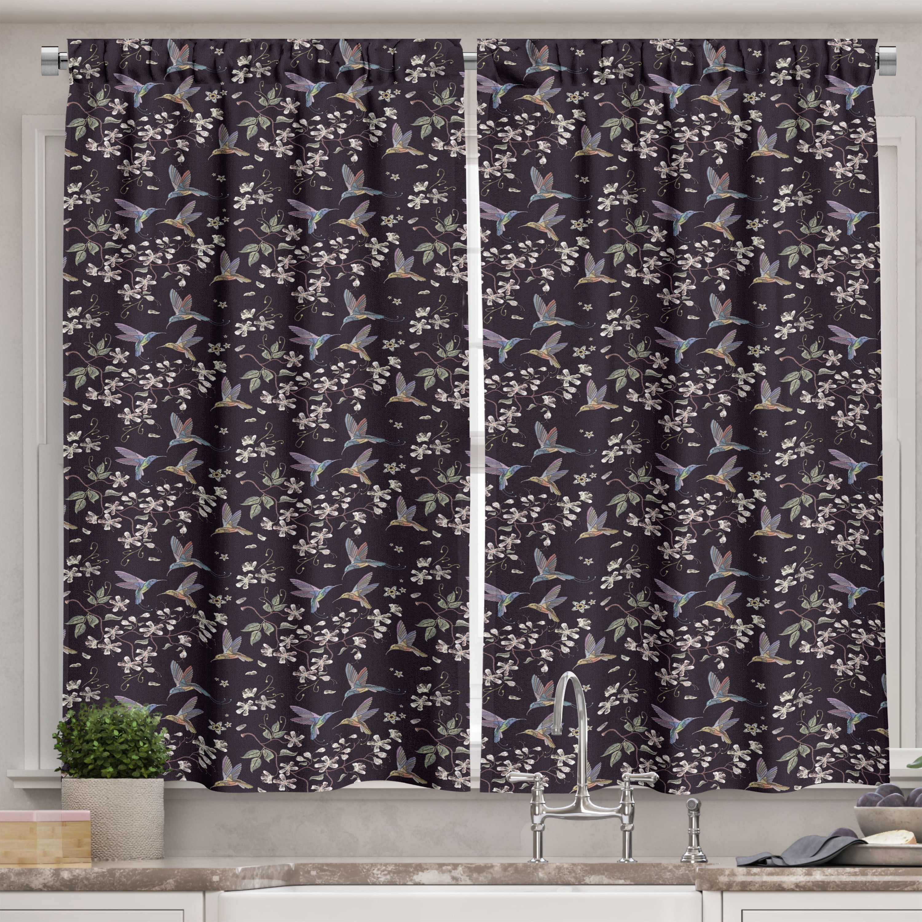 Ambesonne Cherry Blossom Kitchen Curtains, Hummingbirds, 55"x39 ...