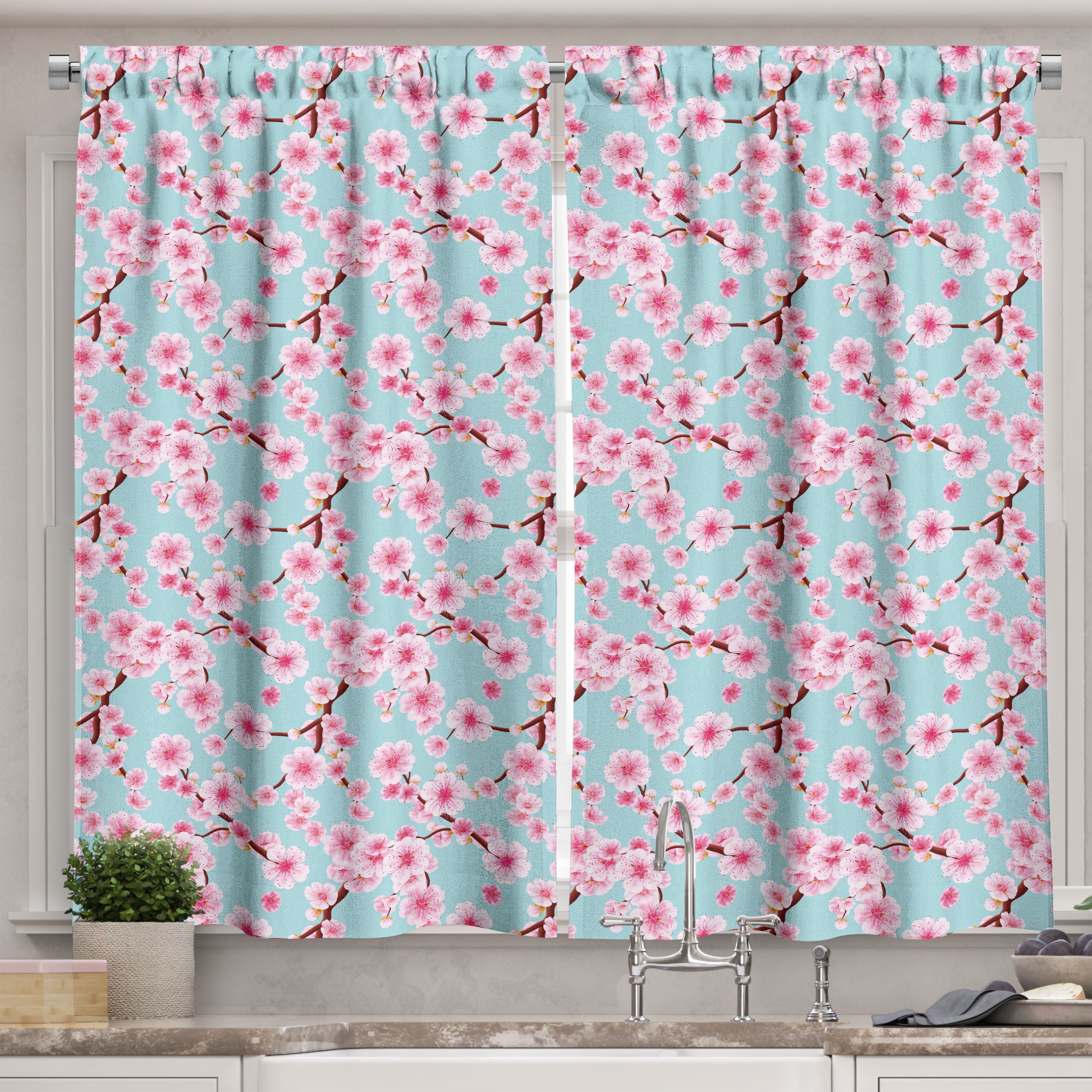 Ambesonne Cherry Blossom Kitchen Curtains, Inspirational Garden, 55"x39 ...