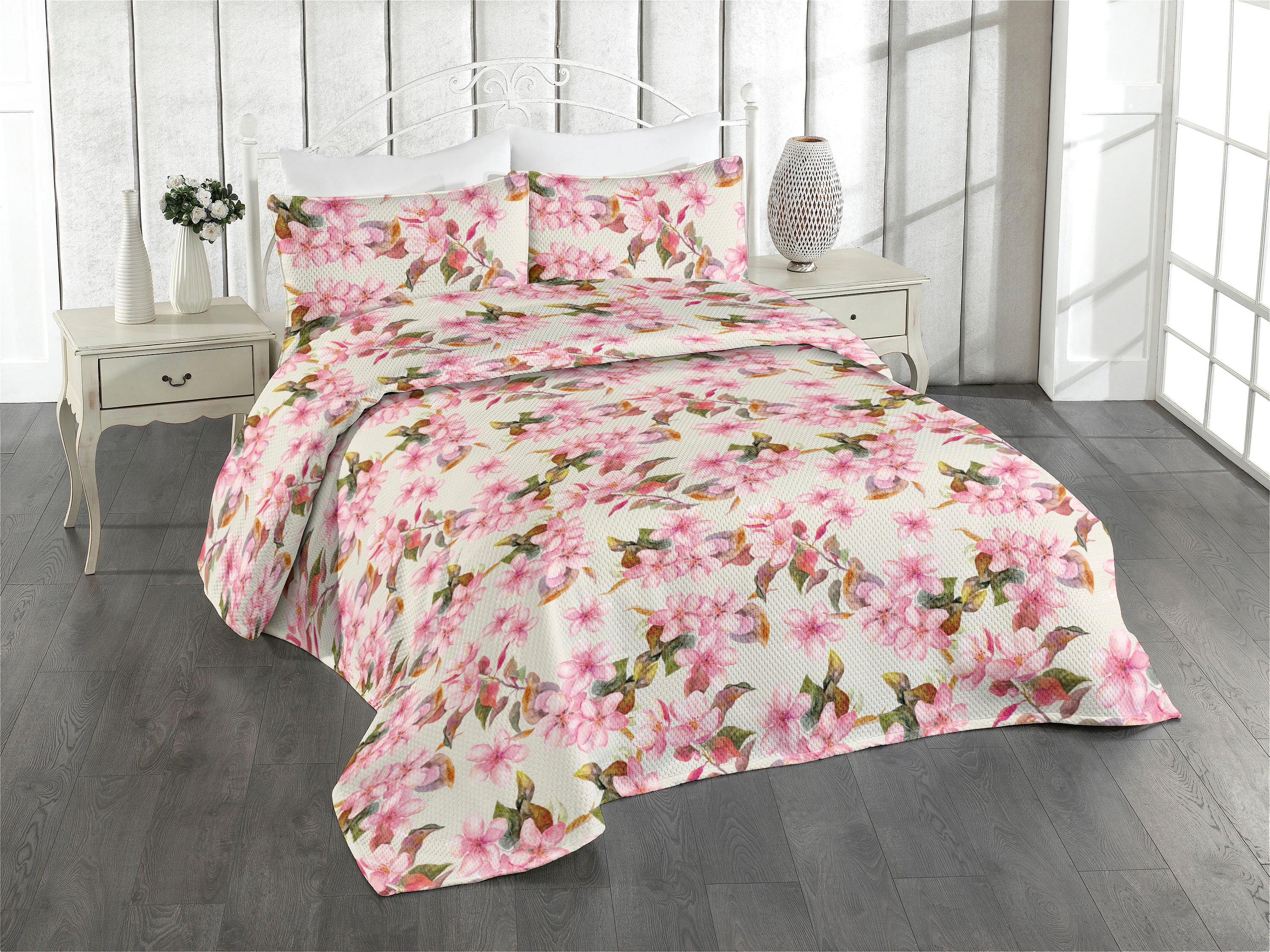 Ambesonne Cherry Blossom Quilted Bedspread Set 3 Pcs, Bohemian Spring ...