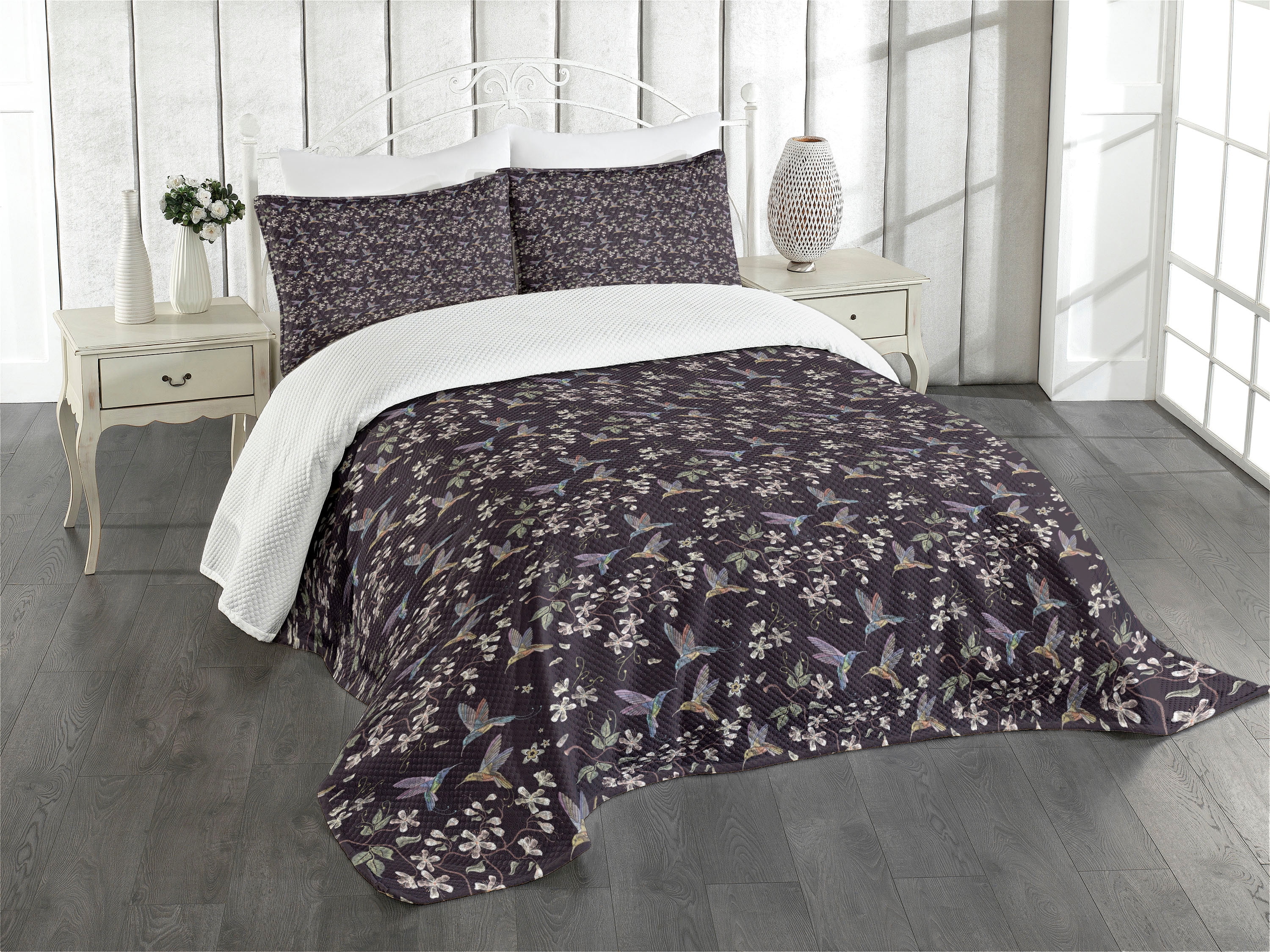 Ambesonne Cherry Blossom Quilted Bedspread Set 3 Pcs, Hummingbirds ...