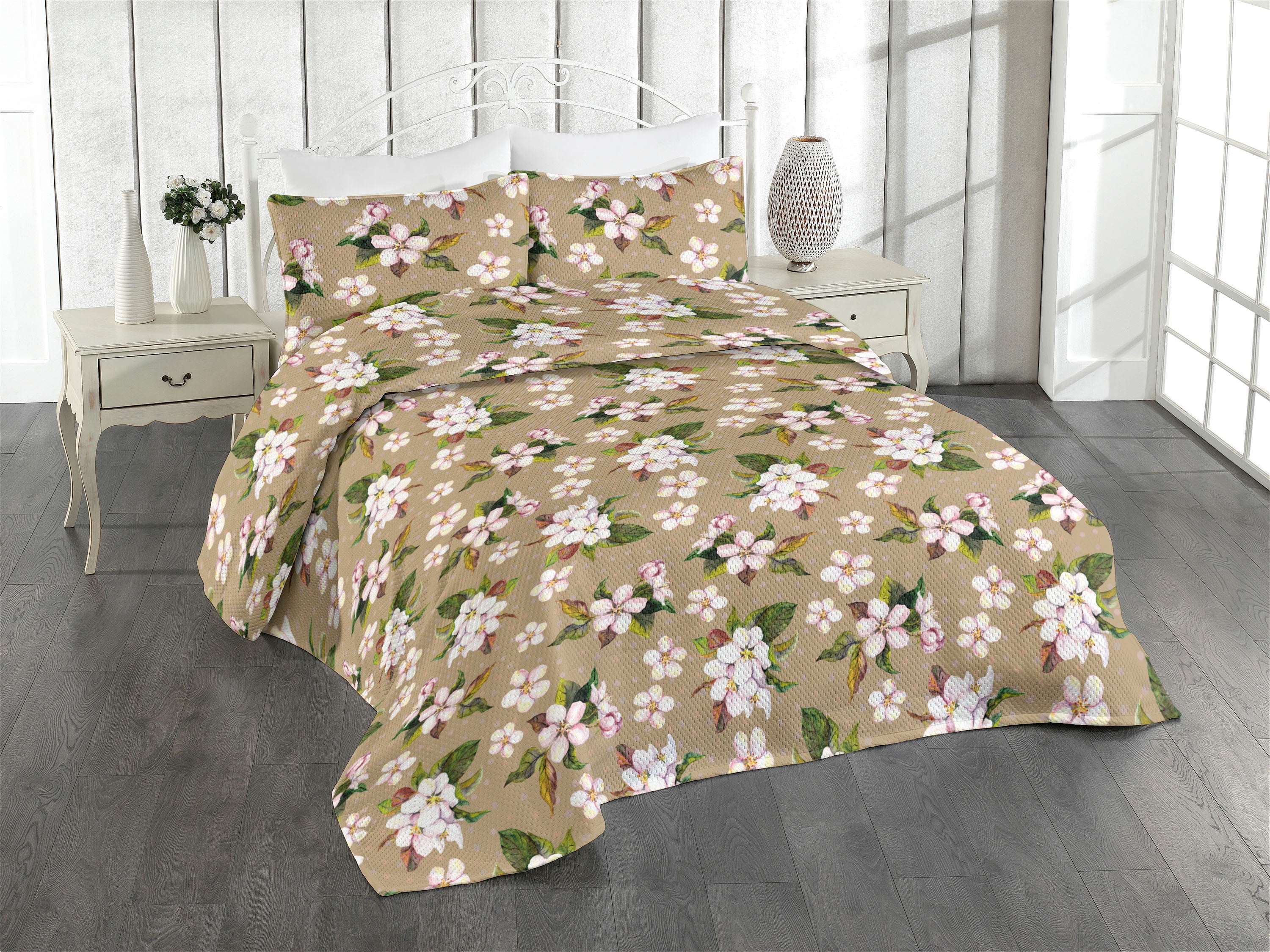 Ambesonne Cherry Blossom Quilted Bedspread Set 3 Pcs, Japanese Flowers ...