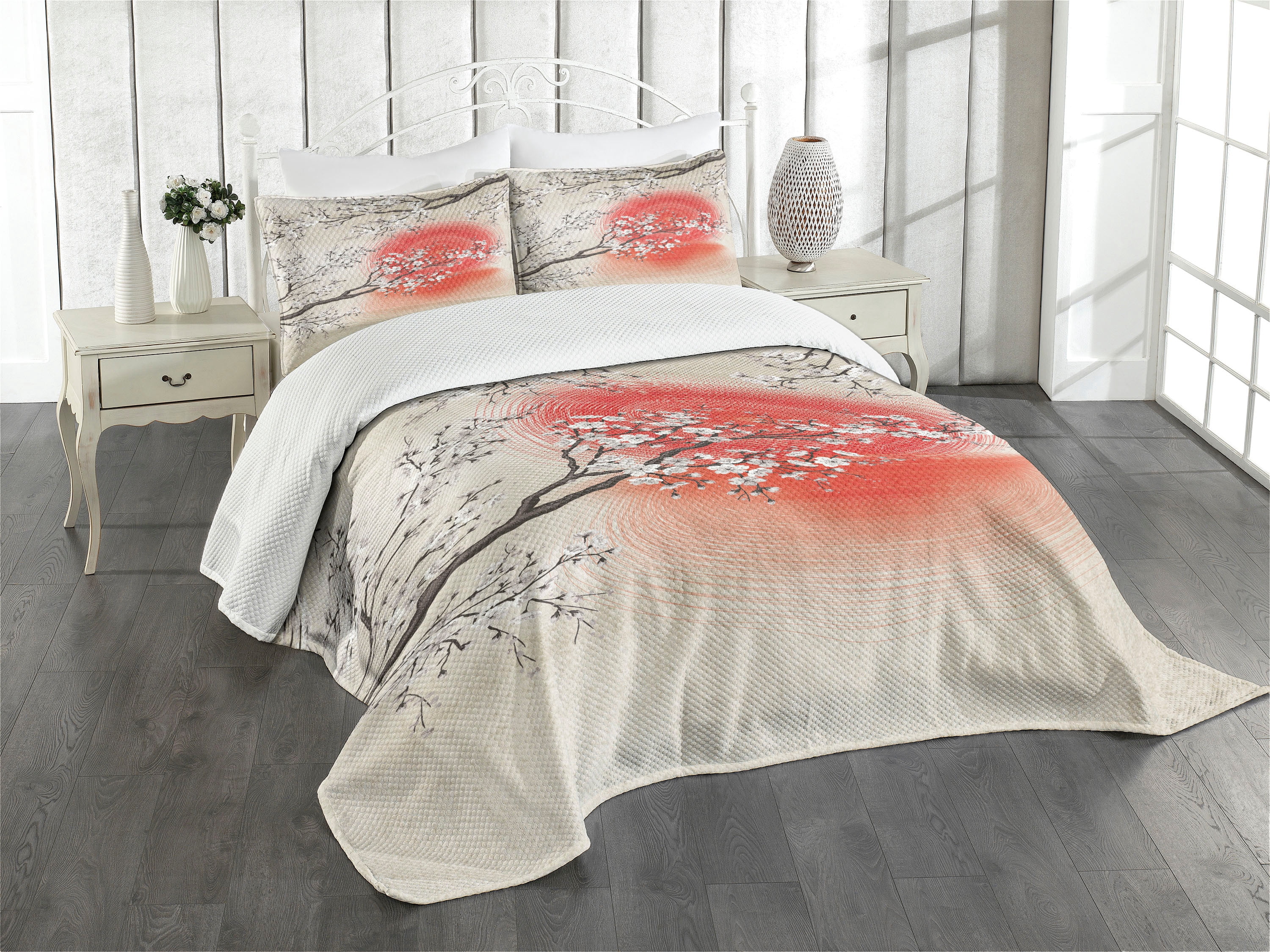 Ambesonne Cherry Blossom Quilted Bedspread Set 3 Pcs, Japanese Sakura ...