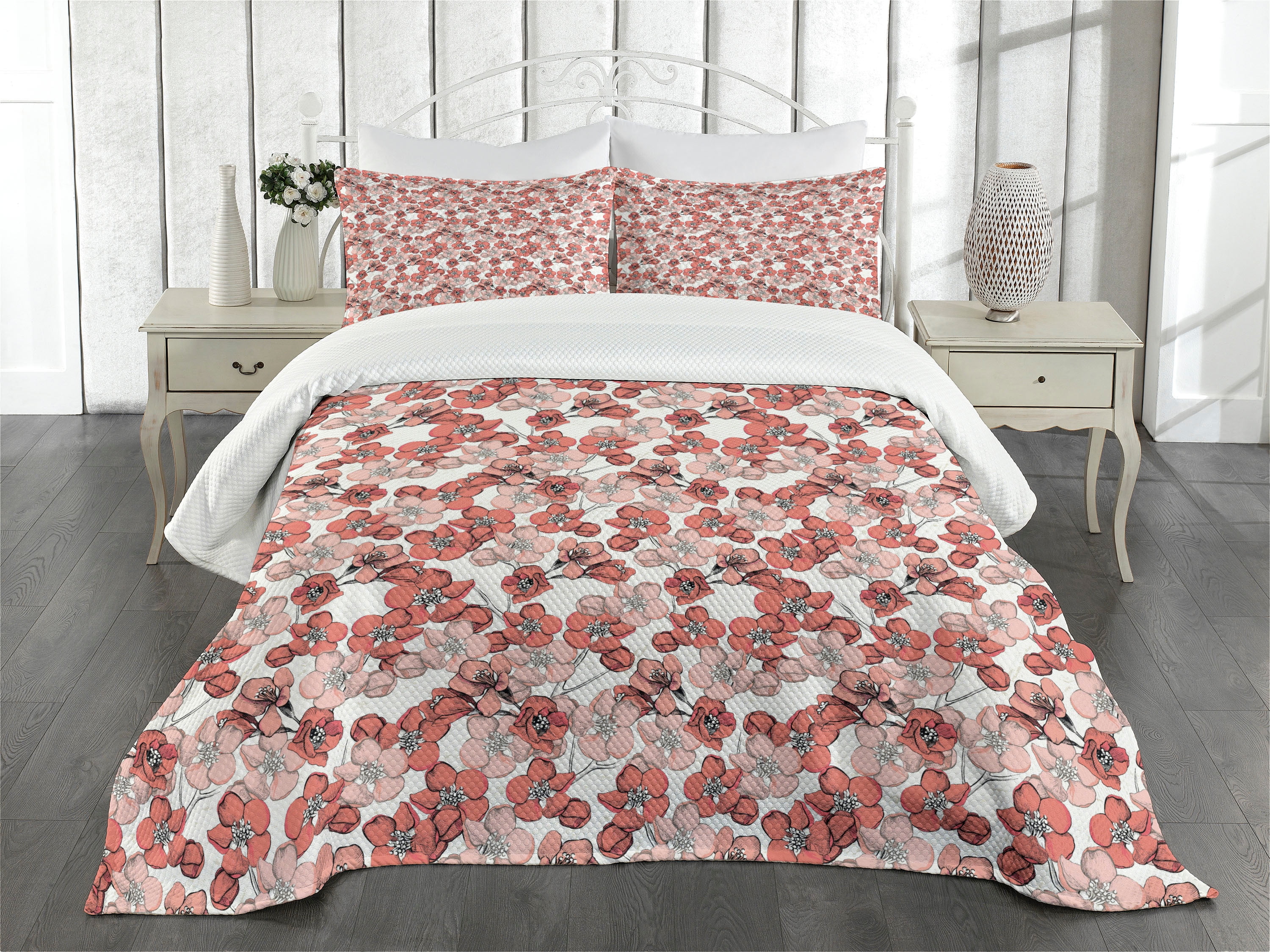 Ambesonne Cherry Blossom Quilted Bedspread Set 3 Pcs, Nature, Queen ...