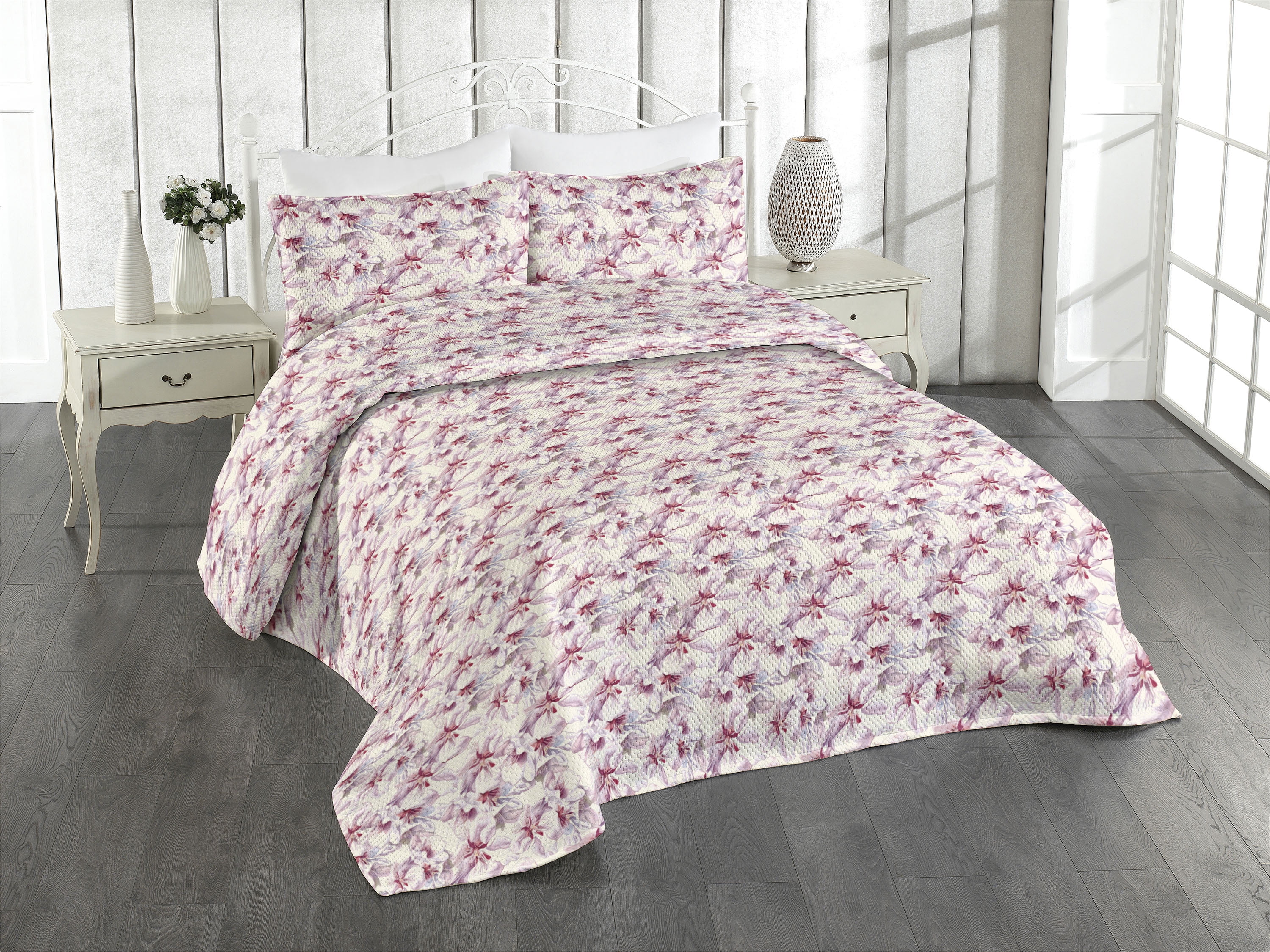 Ambesonne Cherry Blossom Quilted Bedspread Set 3 Pcs, Sakura Petals Art ...