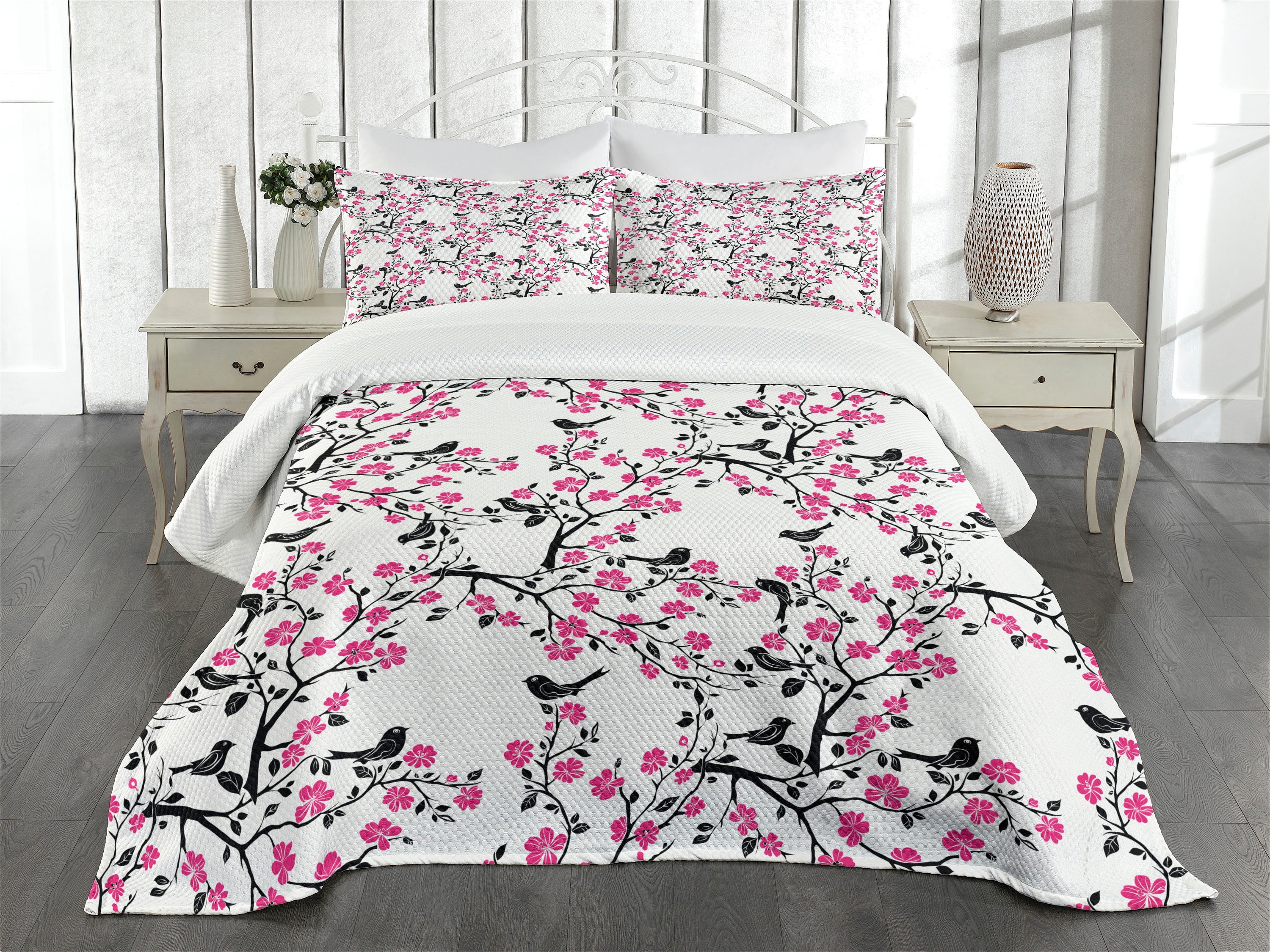 Ambesonne Cherry Blossom Quilted Bedspread Set 3 Pcs, Sakura Tree Bird ...