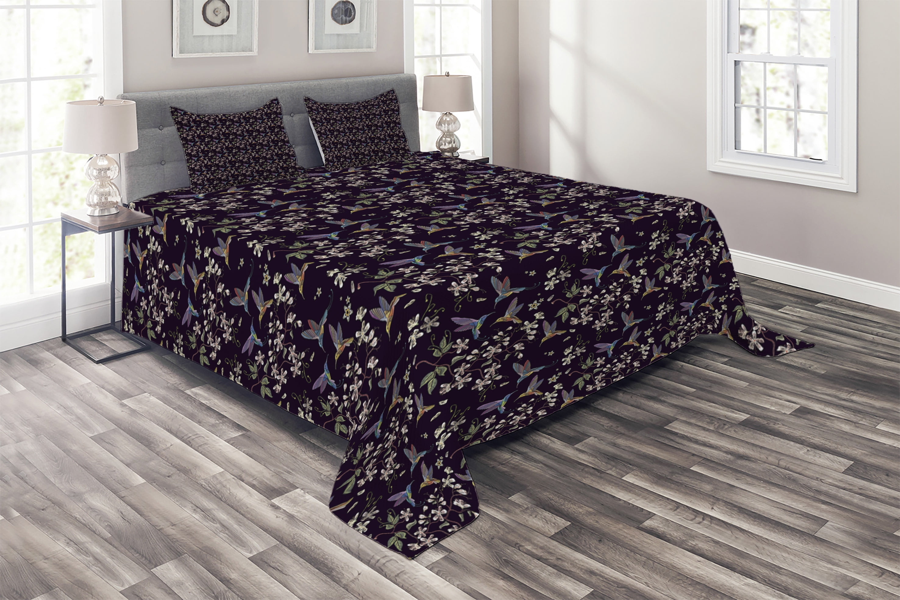 Ambesonne Cherry Blossom Quilted Coverlet 3 Pcs, Hummingbirds, King ...