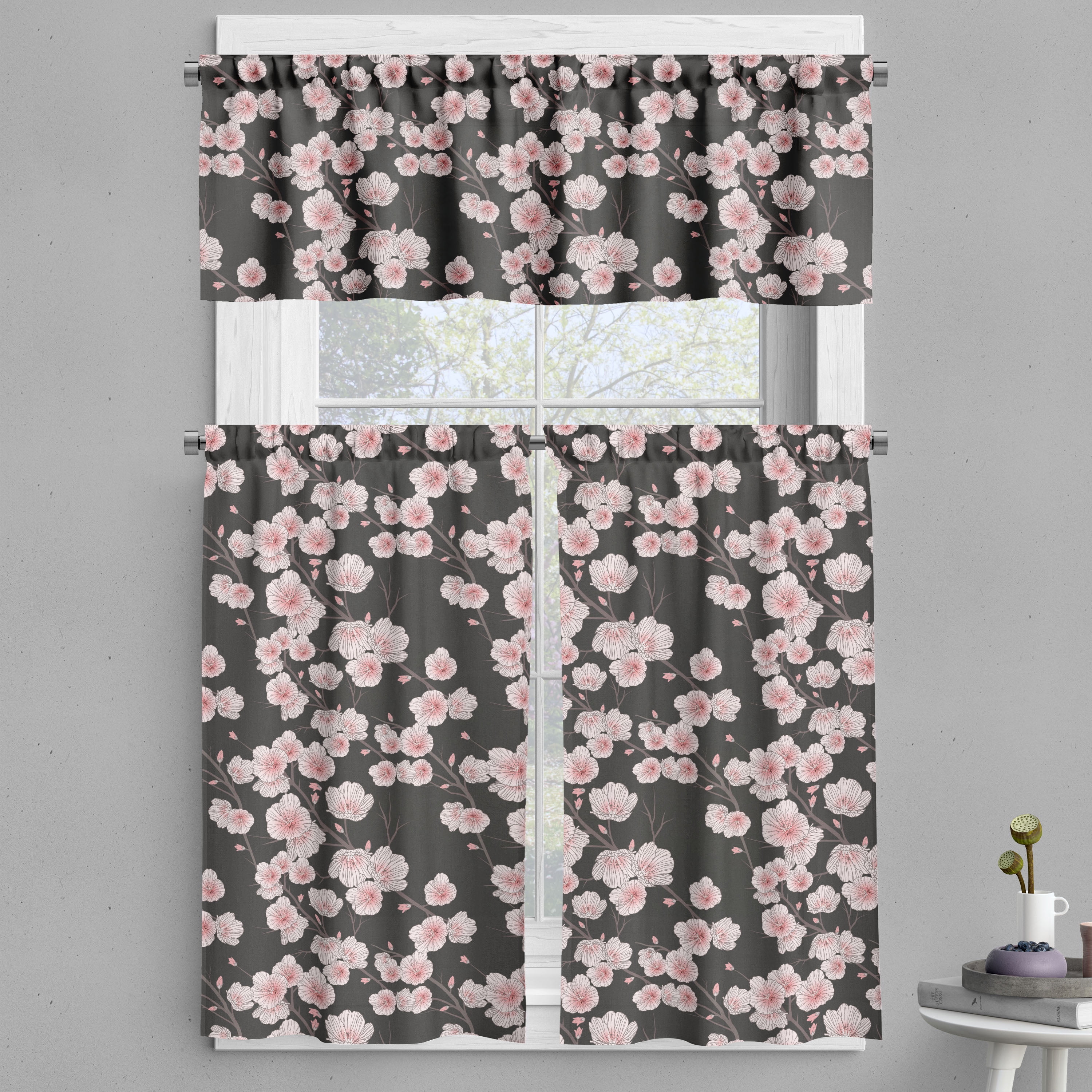 Ambesonne Cherry Blossom Valance & Curtain, Natural Rustic, 55"x30 ...