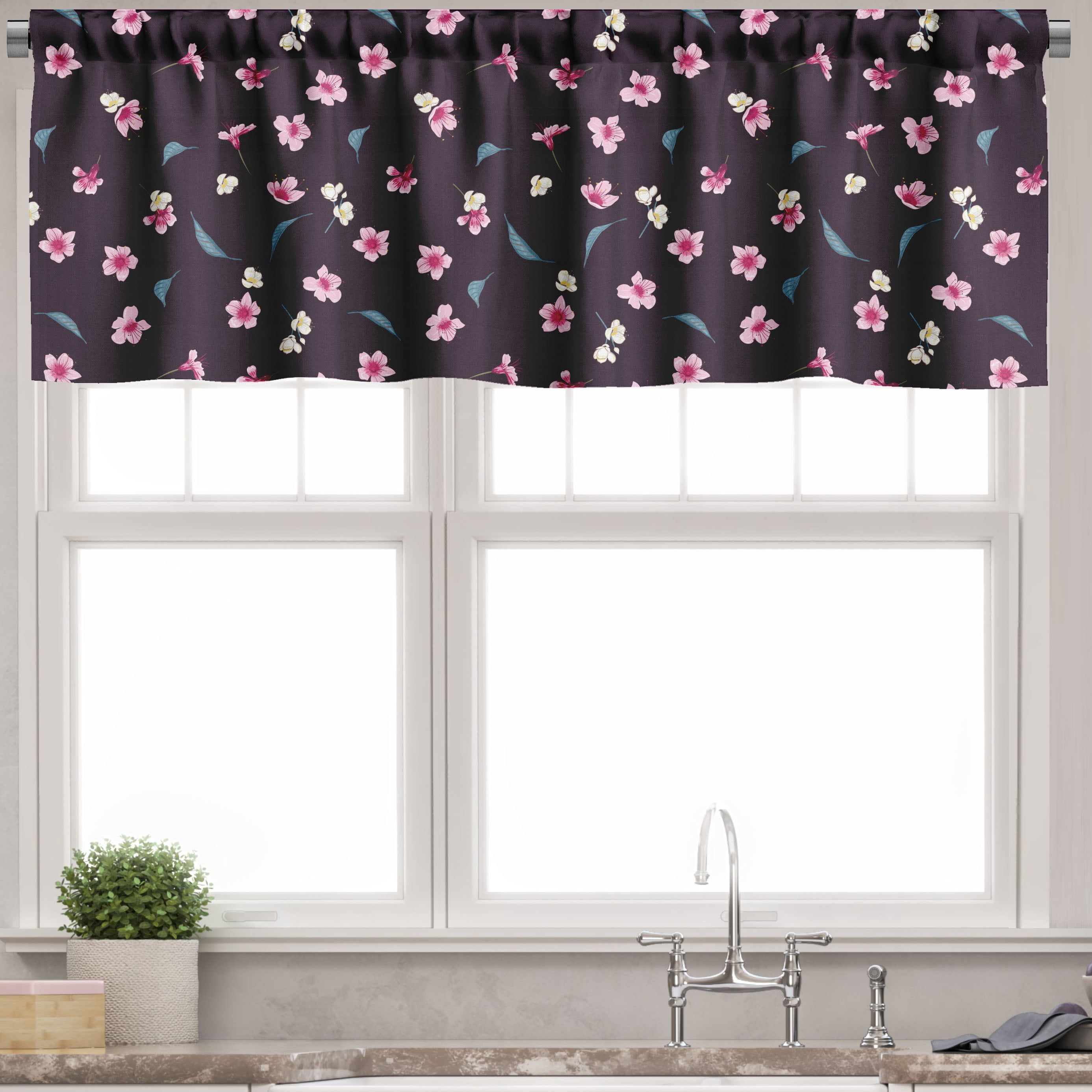 Ambesonne Cherry Blossom Valance Pack of 2, Yozakura Pattern, 54"X18 ...