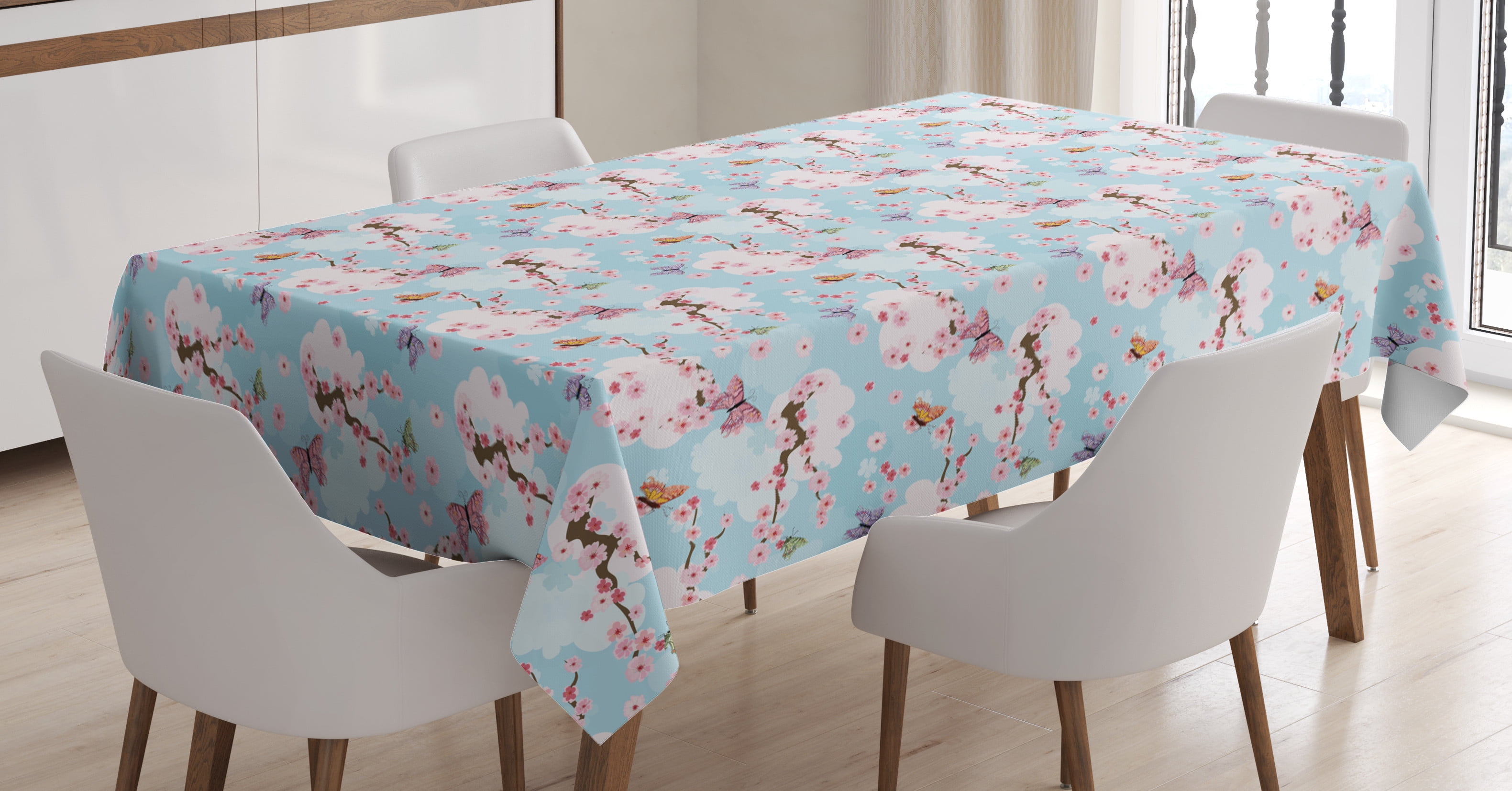 Ambesonne Cherry Tablecloth Rectangular Table Cover, Butterflies Sakura ...