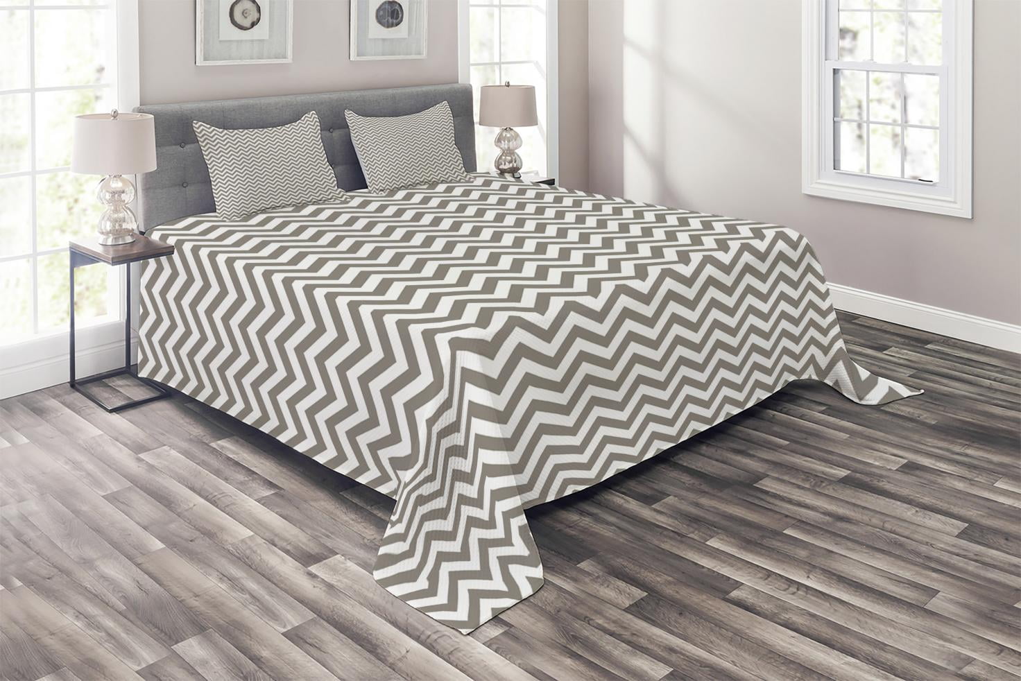 Ambesonne Chevron Quilted Coverlet 3 Pcs, Grey and White Zig Zag, Queen ...