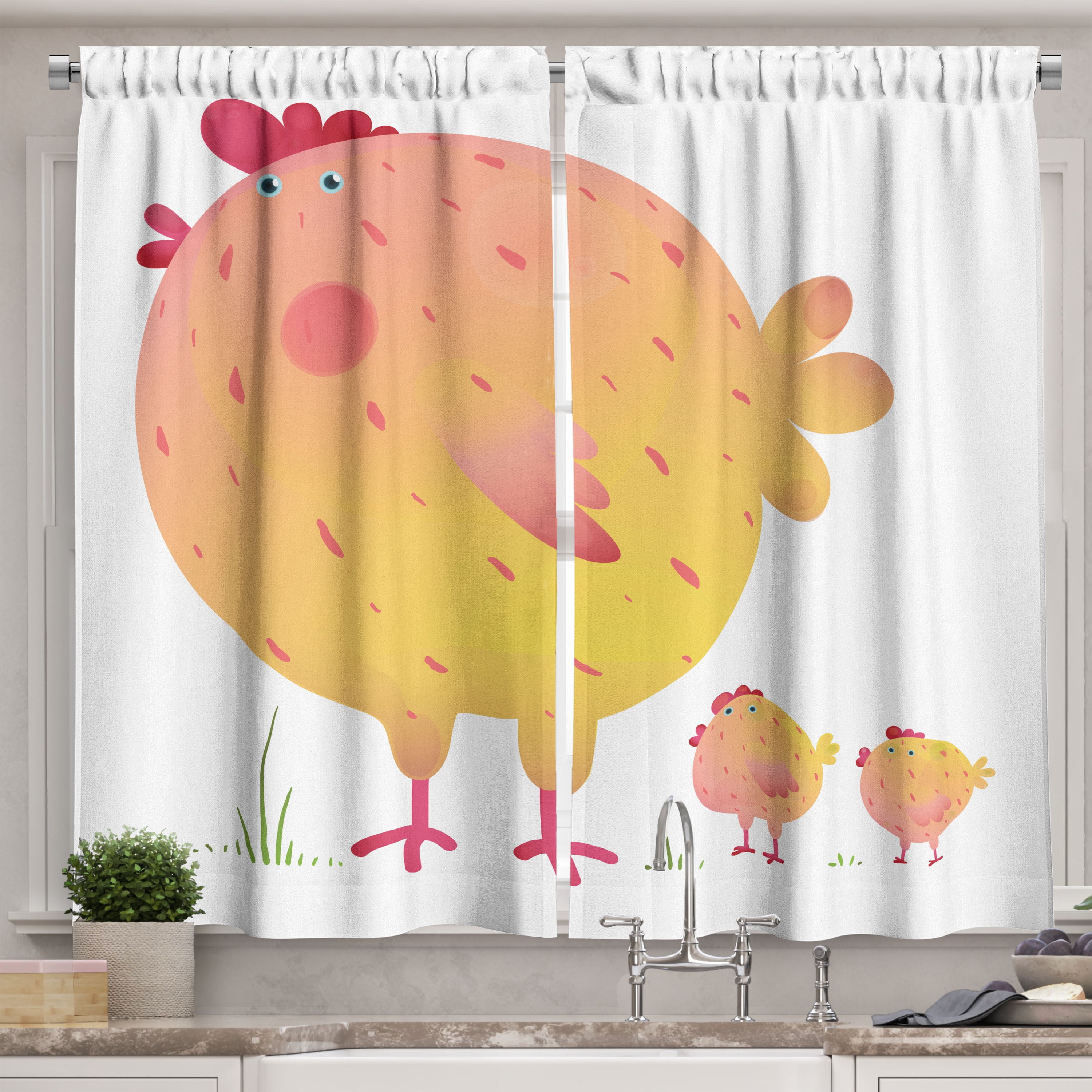 Ambesonne Chicken Kitchen Curtains, Mother Hen and Chicks, 55"x39 ...