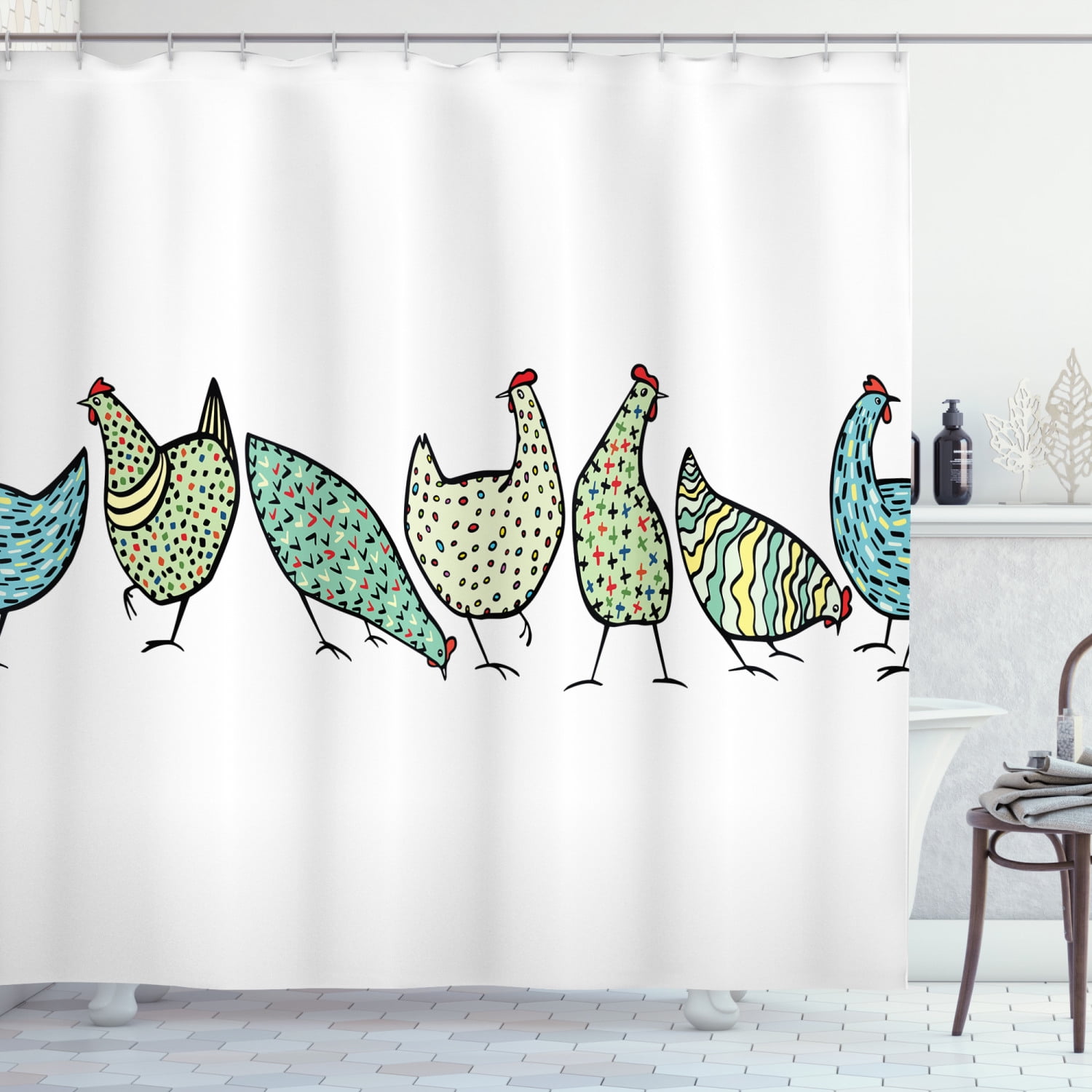 Ambesonne Chicken Shower Curtain, Farm Hen with Ornaments, 69"Wx84"L ...