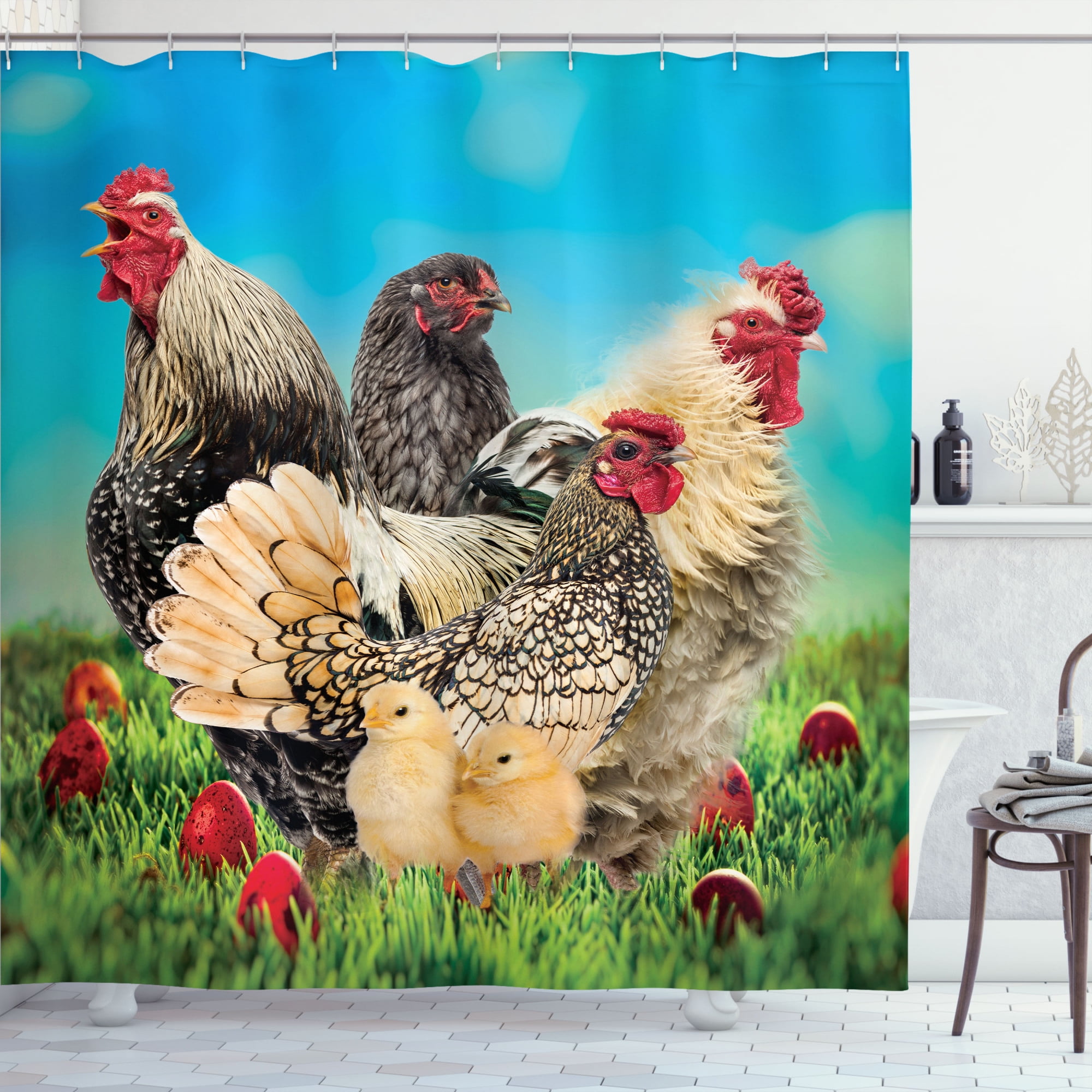 Ambesonne Chicken Shower Curtain, Farmland Rooster Hen Rural, 69"Wx70"L ...