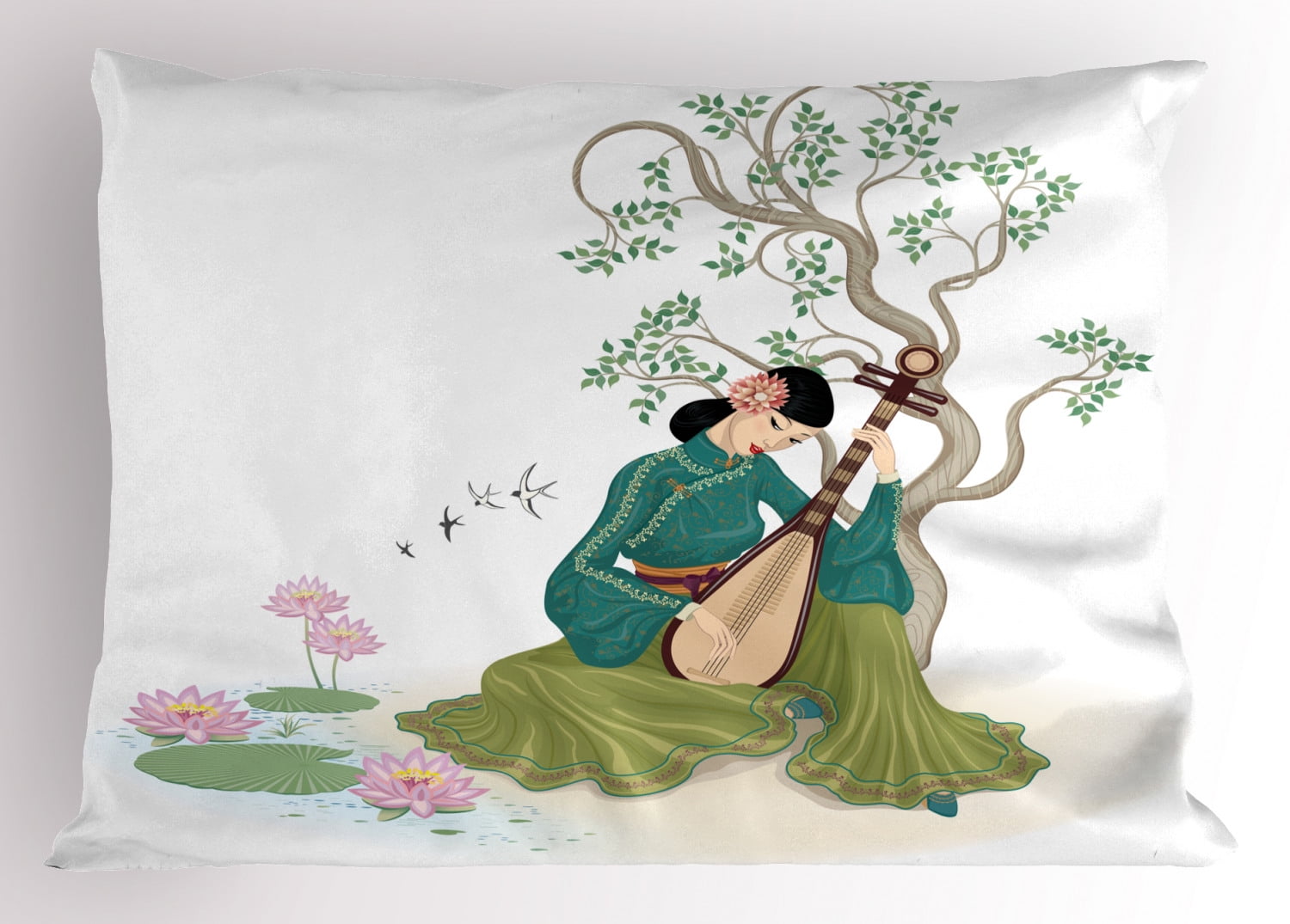 Ambesonne Chinese Pillow Sham, Woman Music Instrument, 26" X 20 ...