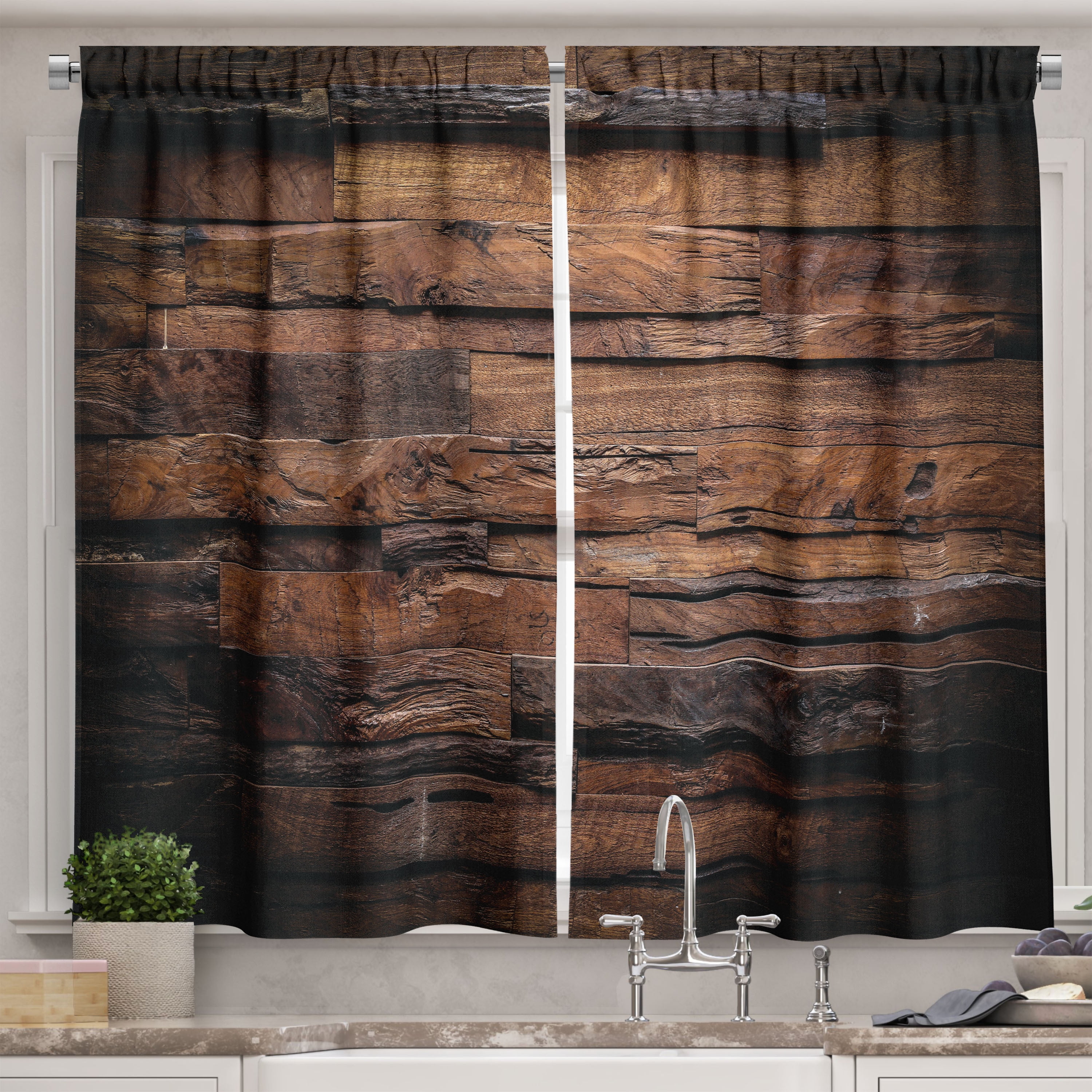 Ambesonne Chocolate Kitchen Curtains, Rough Dark Timber, 55"x39", Brown ...