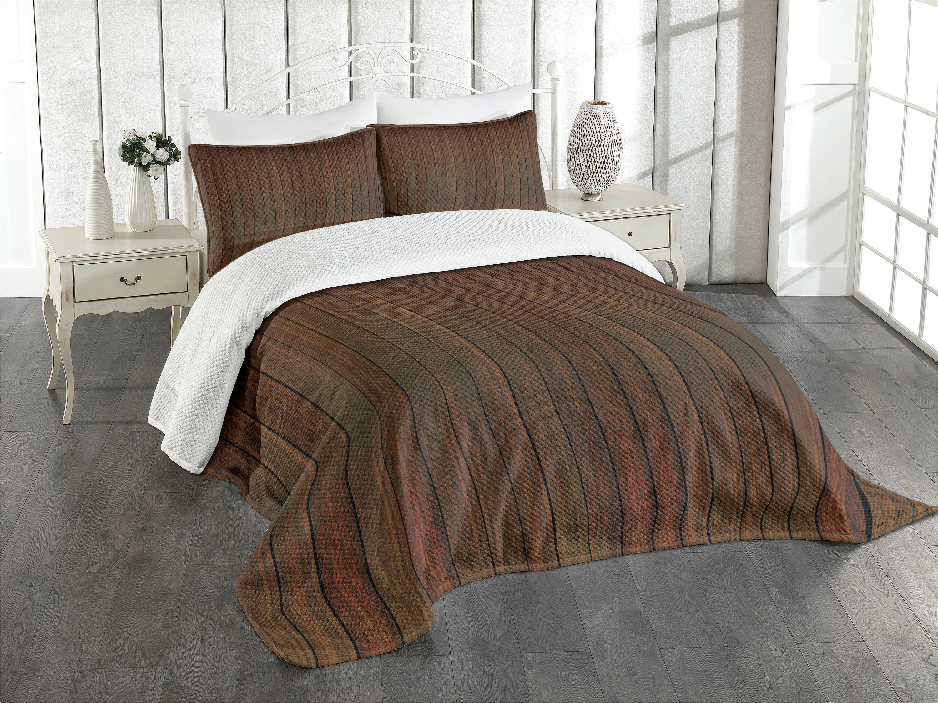 Ambesonne Chocolate Quilted Bedspread Set 3 Pcs, Wooden Floor Design ...