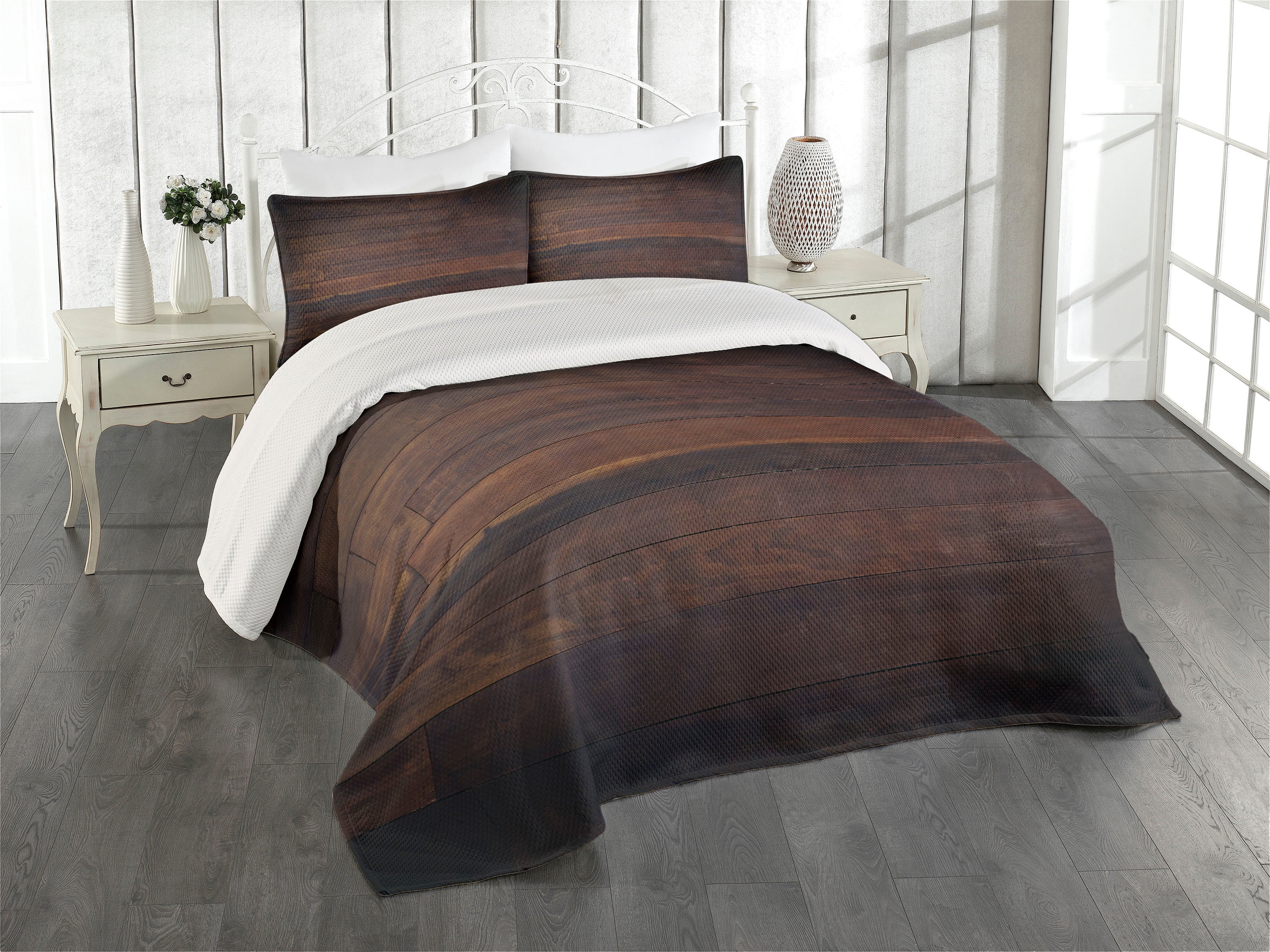 Ambesonne Chocolate Quilted Coverlet 3 Pcs, Aged Dark Timber, Queen ...