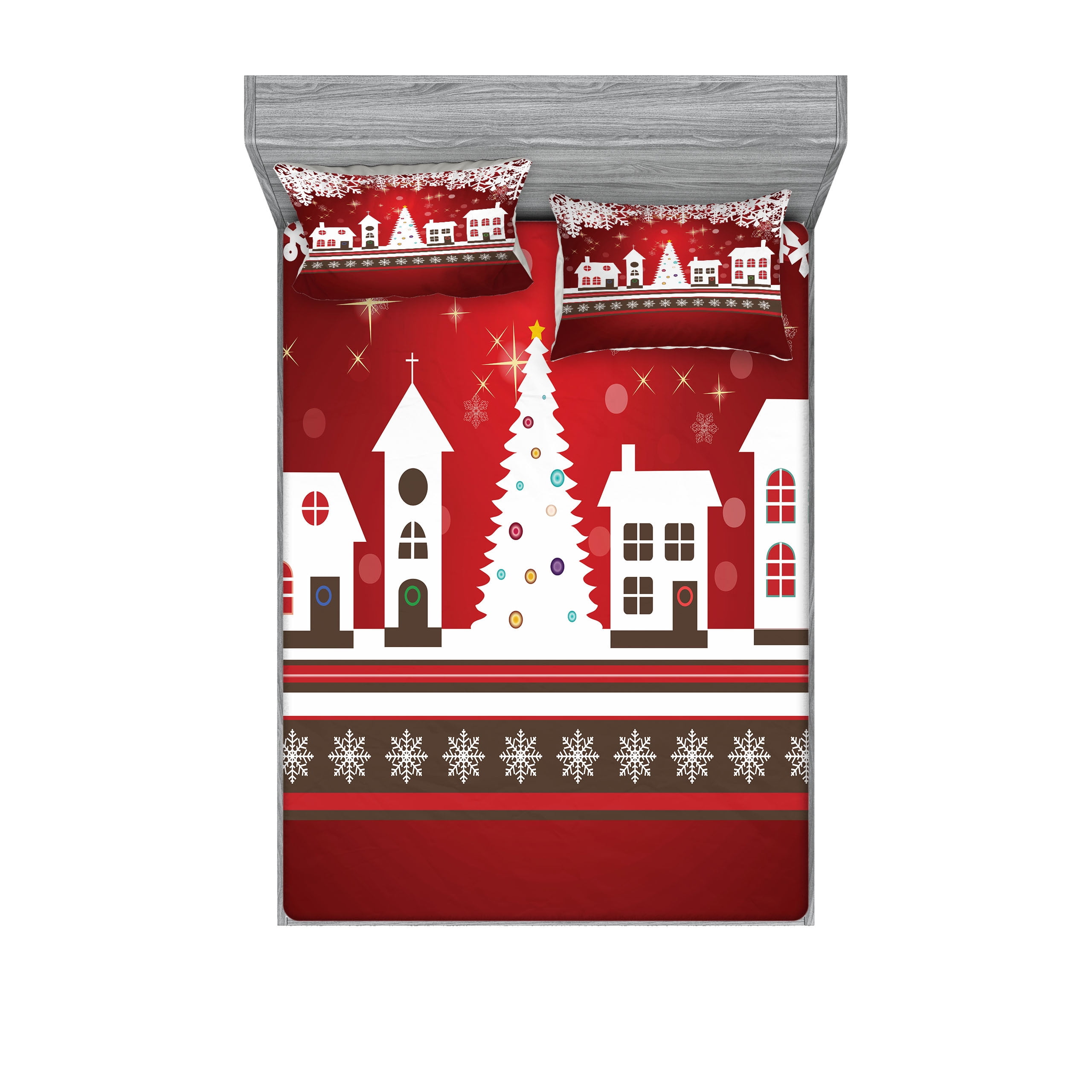 Ambesonne Christmas Fitted Sheet & Pillow Sham Set, Winter Theme Tree ...