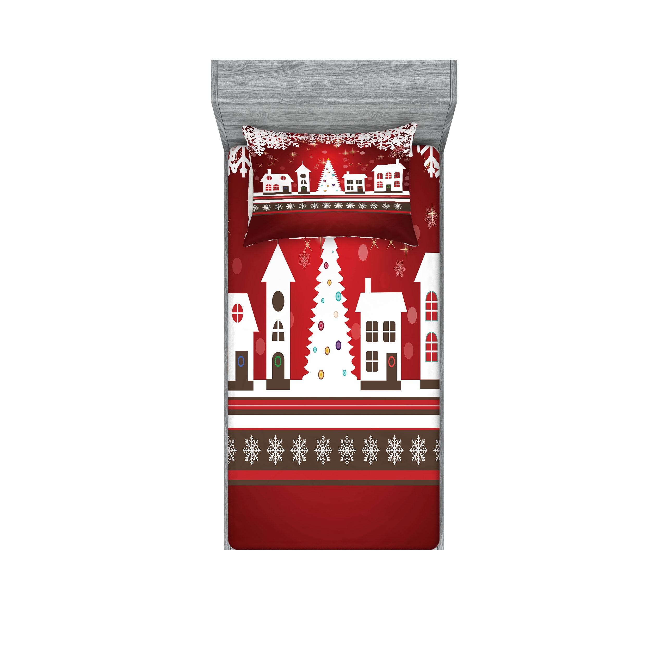 Ambesonne Christmas Fitted Sheet & Pillow Sham Set, Winter Theme Tree ...