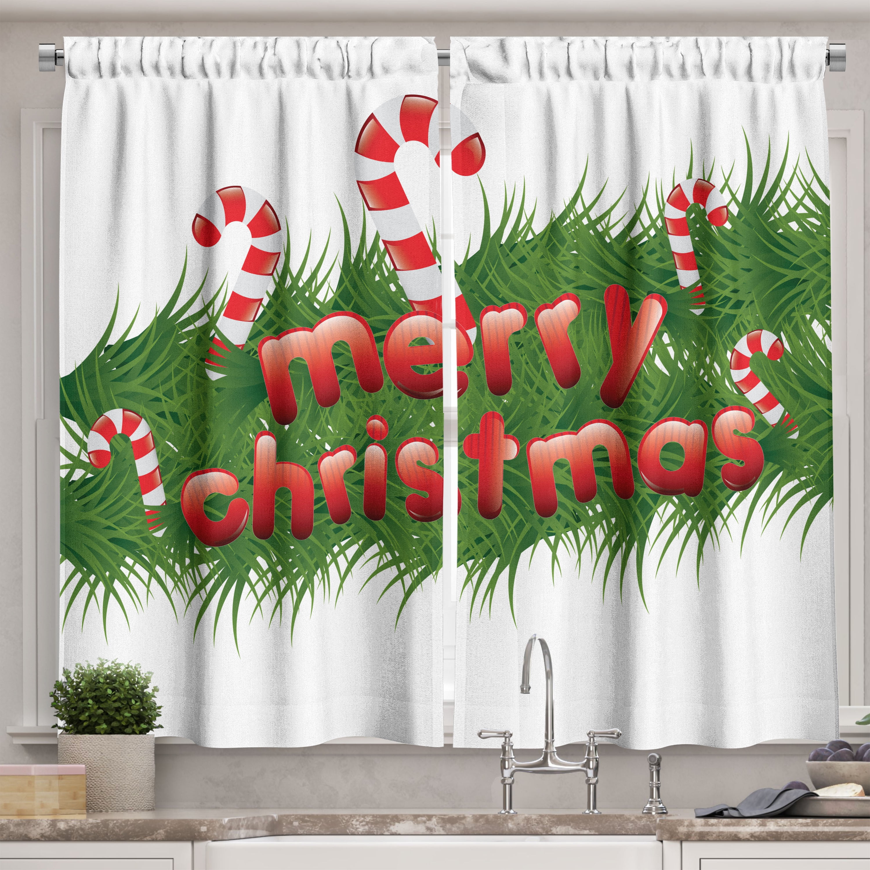 Ambesonne Christmas Kitchen Curtains, Candy Canes Garland, 55"x39 ...