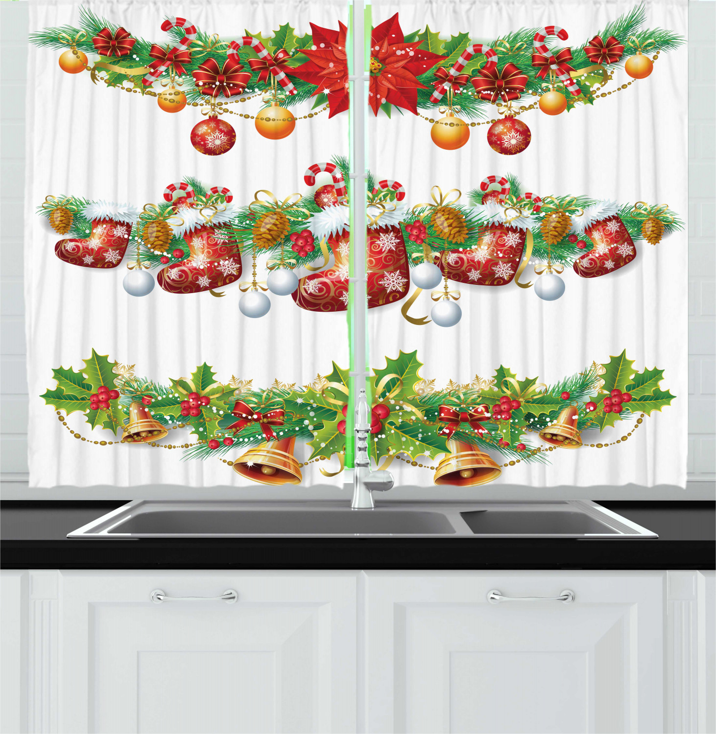 Ambesonne Christmas Kitchen Curtains, Flowers Socks and Bells, 55"x39 ...