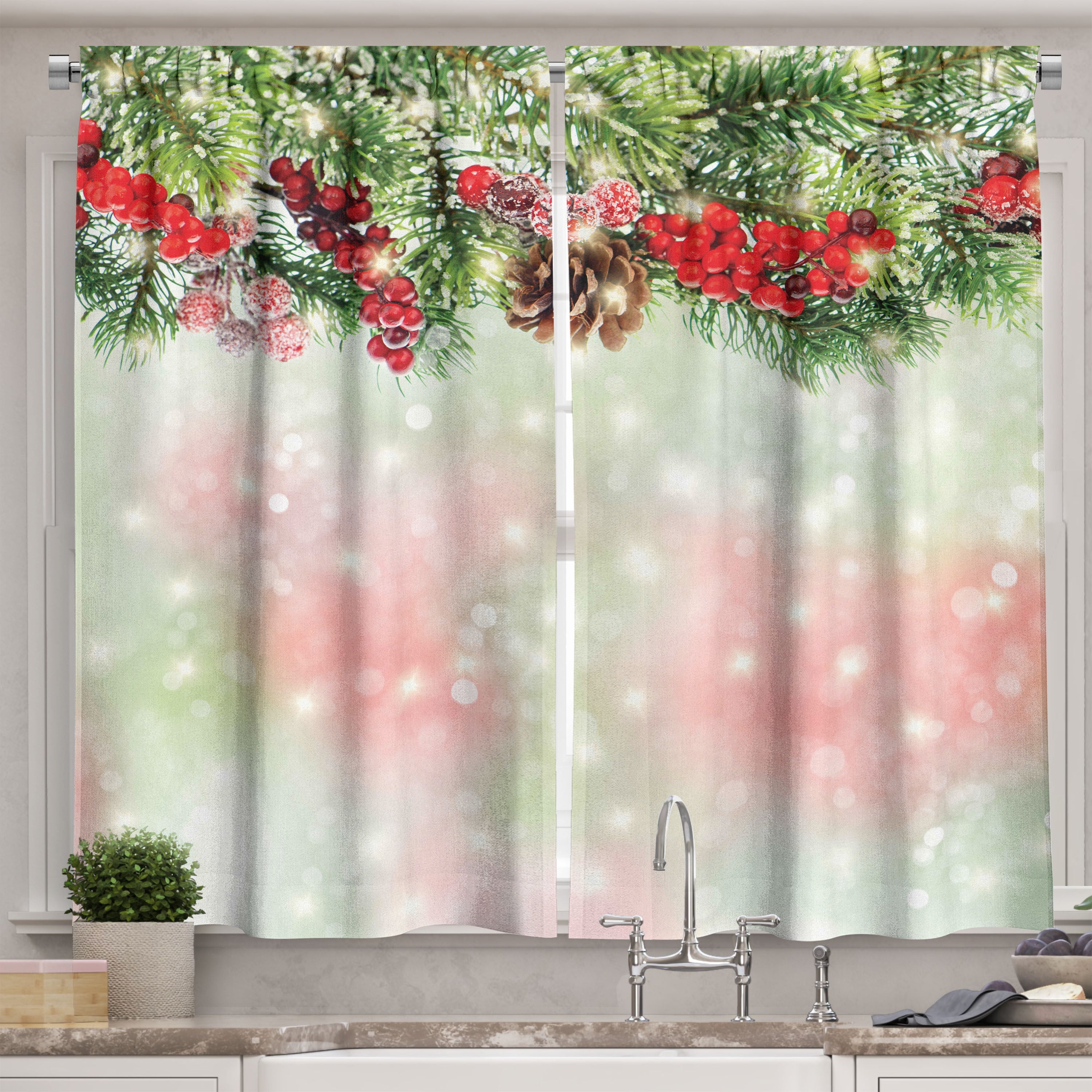 Ambesonne Christmas Kitchen Curtains, Green Branches Holly, 55"x39 ...
