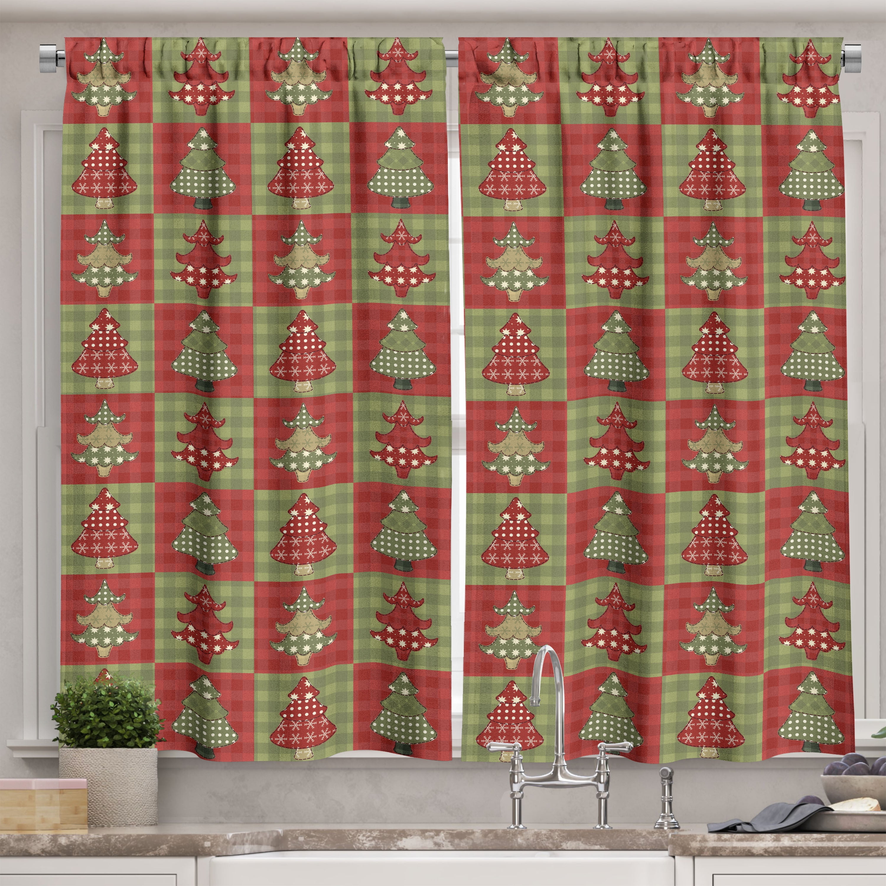 Ambesonne Christmas Kitchen Curtains, Noel Trees Quilt, 55"x39", Ruby ...
