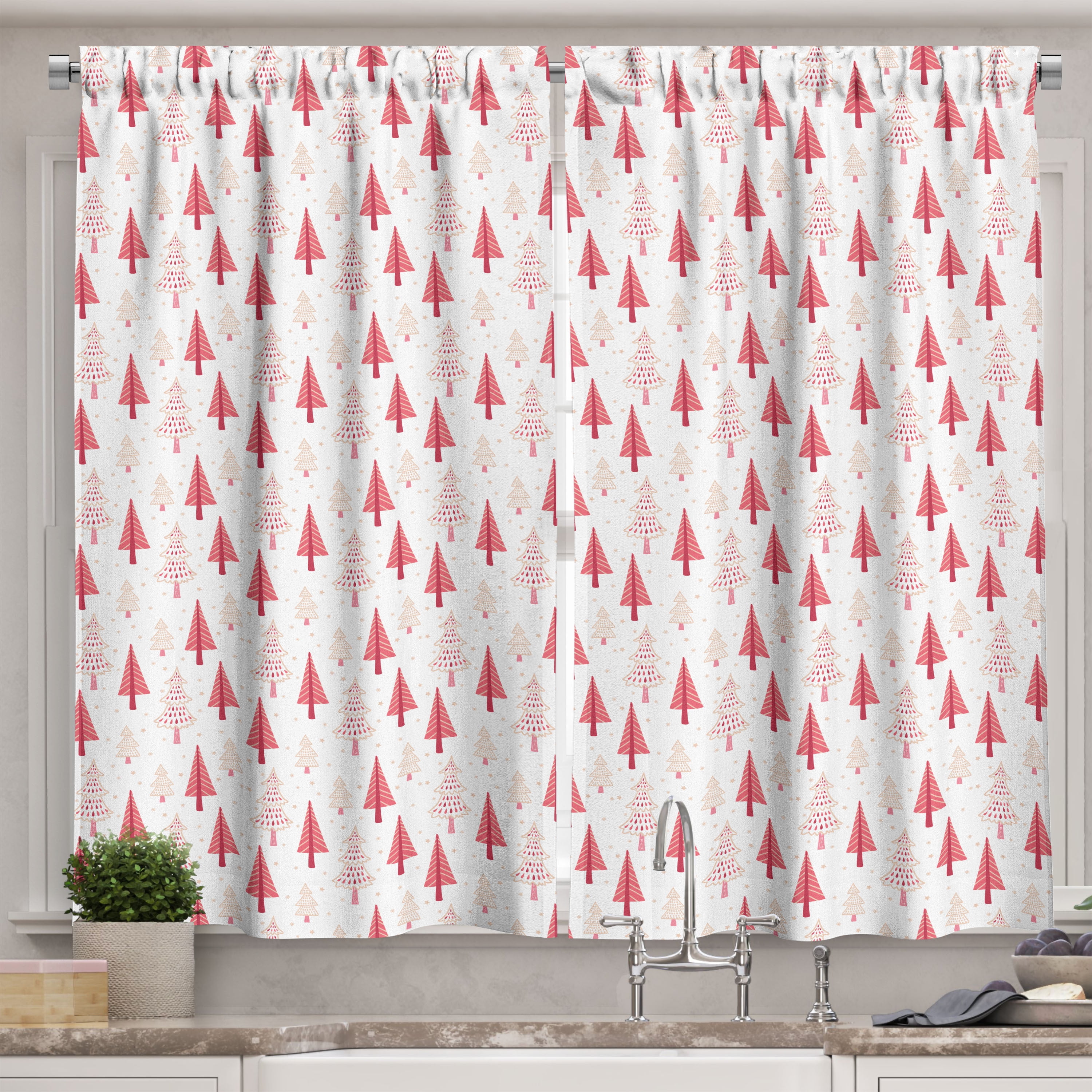Ambesonne Christmas Kitchen Curtains, Ornamental Trees Stars, 55"x45 ...
