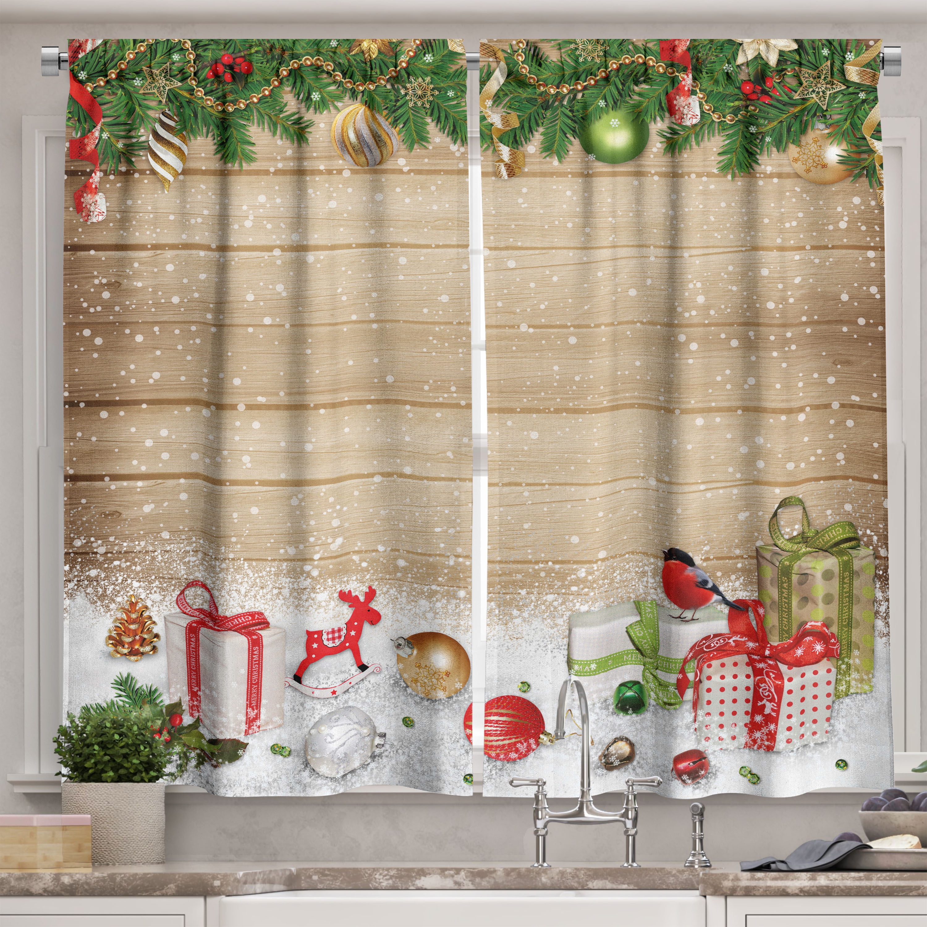 Ambesonne Christmas Kitchen Curtains, Pine Wood Planks Snow, 55"x39 ...