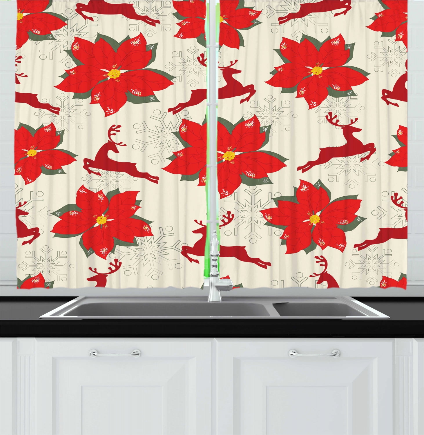 Ambesonne Christmas Kitchen Curtains, Poinsettia Reindeer, 55"x39 ...