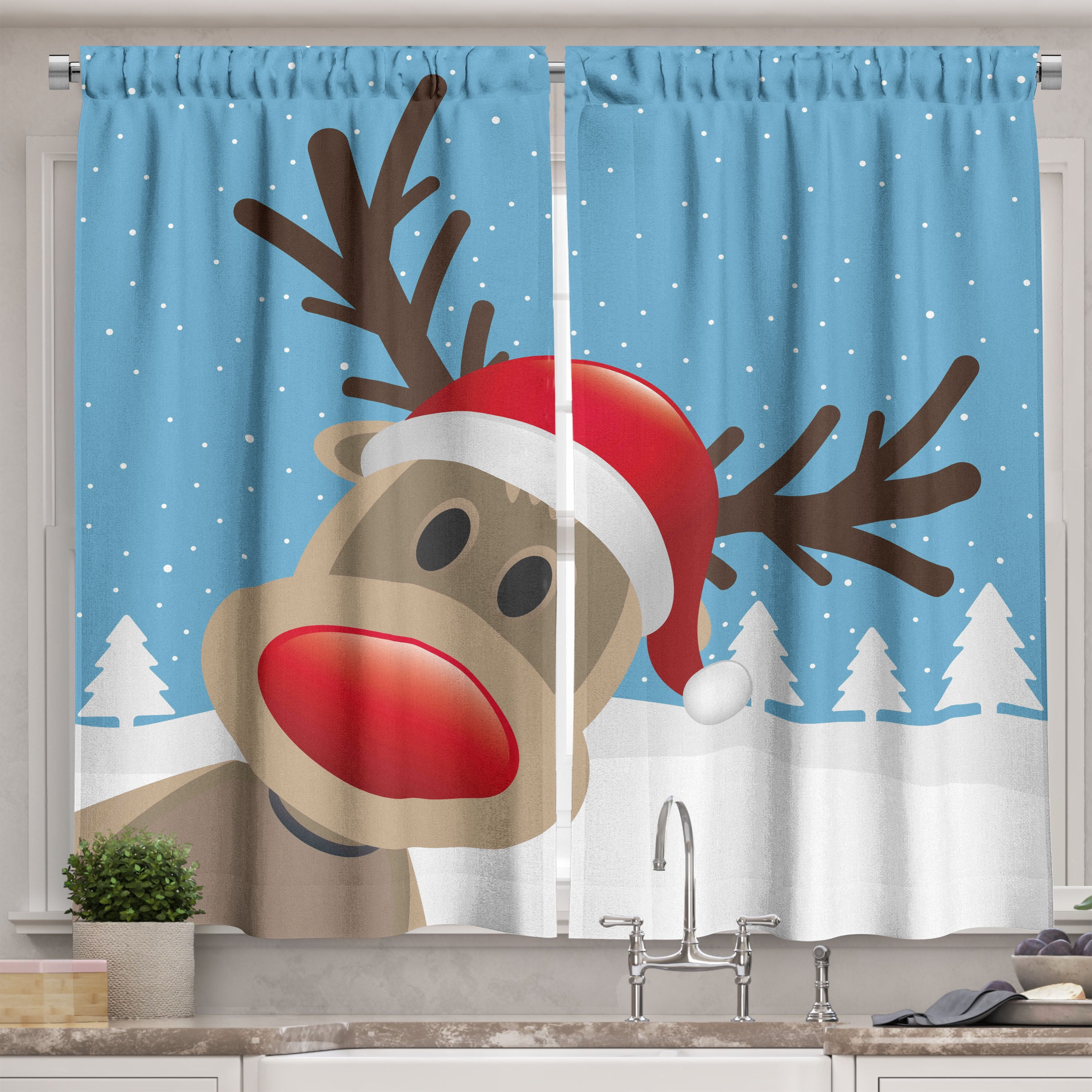 Ambesonne Christmas Kitchen Curtains, Reindeer Rudolph Hat, 55"x39 ...