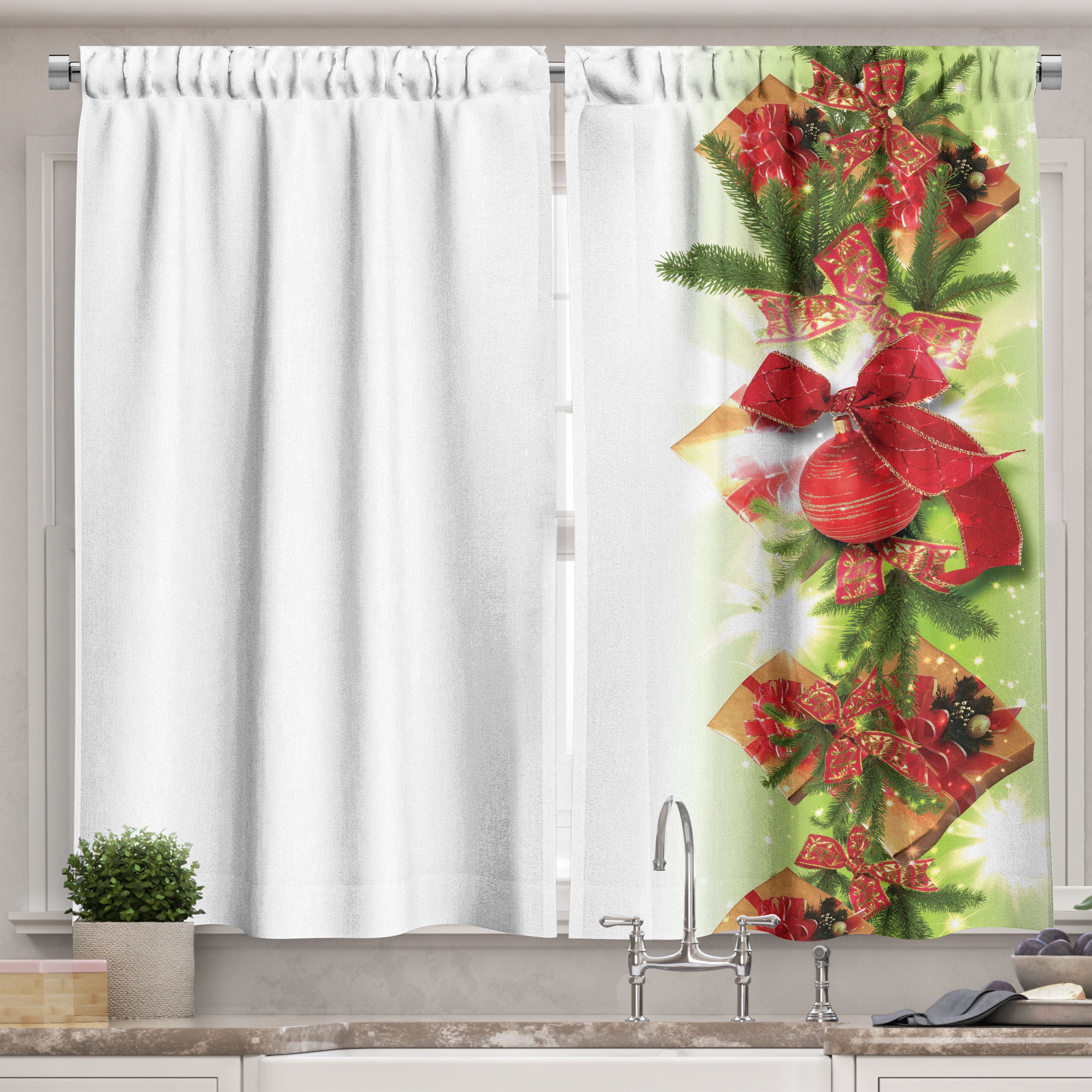 Ambesonne Christmas Kitchen Curtains, Ribbons and Baubles, 55"x39 ...