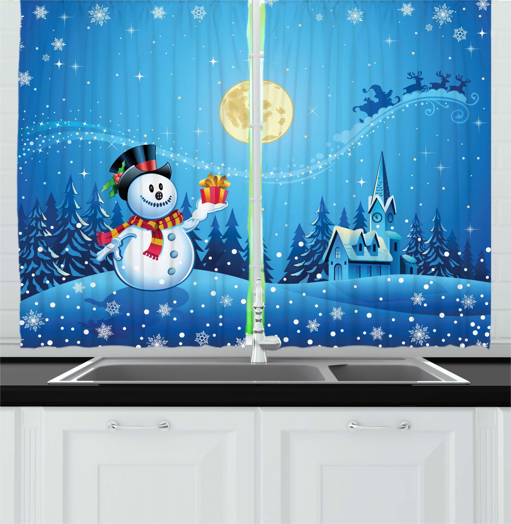 Ambesonne Christmas Kitchen Curtains, Snowman Sanra Gift, 55"x45", Blue ...