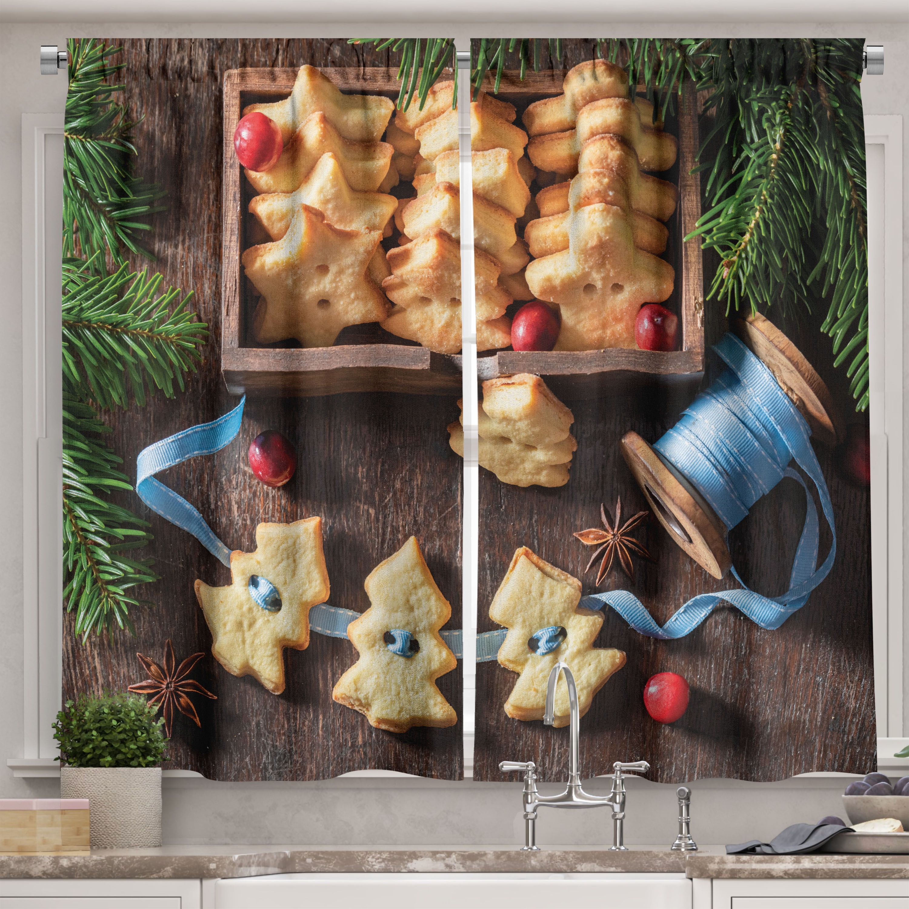 Ambesonne Christmas Kitchen Curtains, Winter Rustic Noel Vibes, 55"x30", Seal Brown Pale Brown ...