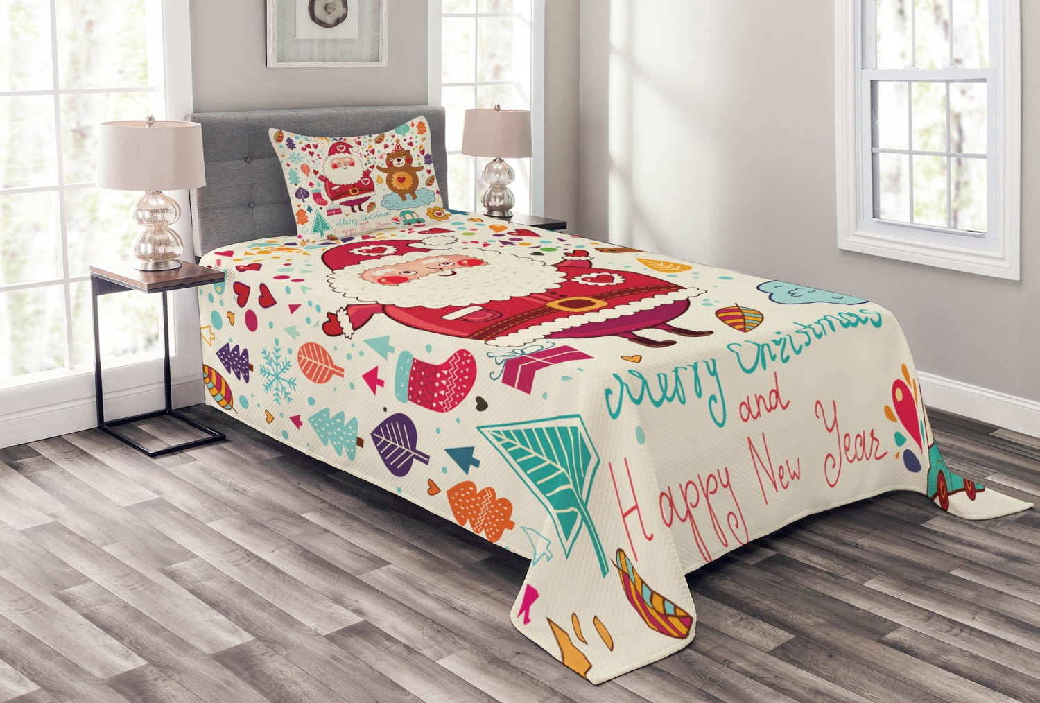 Ambesonne Christmas Quilted Bedspread Set 2 Pcs, Santa and Teddy Bear ...