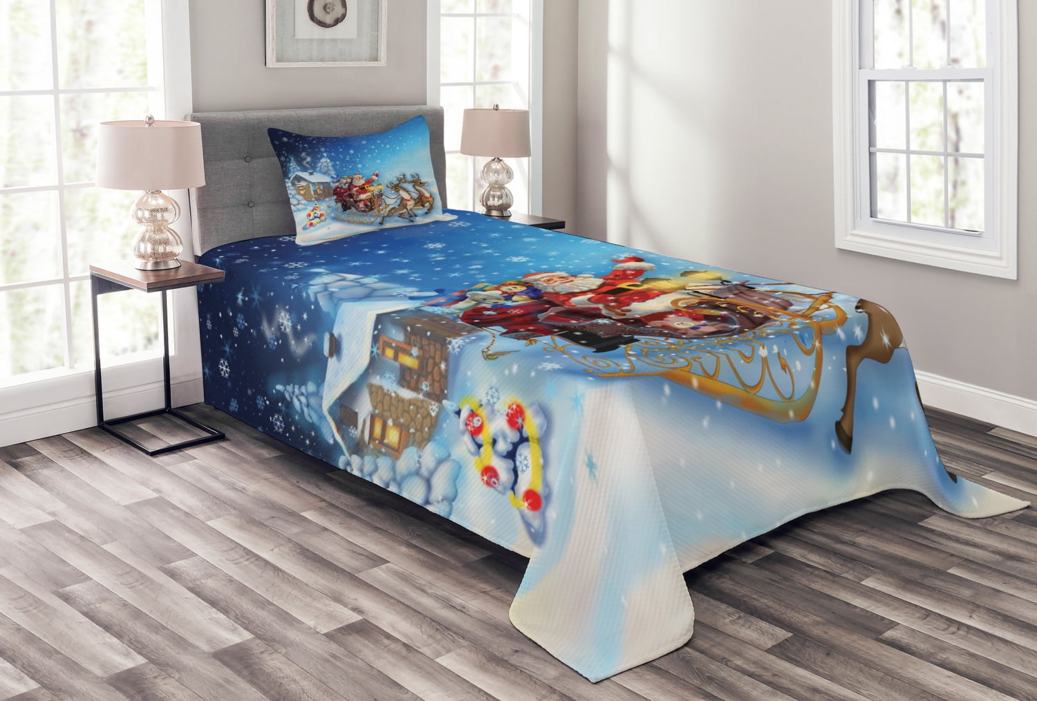 Ambesonne Christmas Quilted Bedspread Set 2 Pcs, Santa in Sleigh, Twin ...