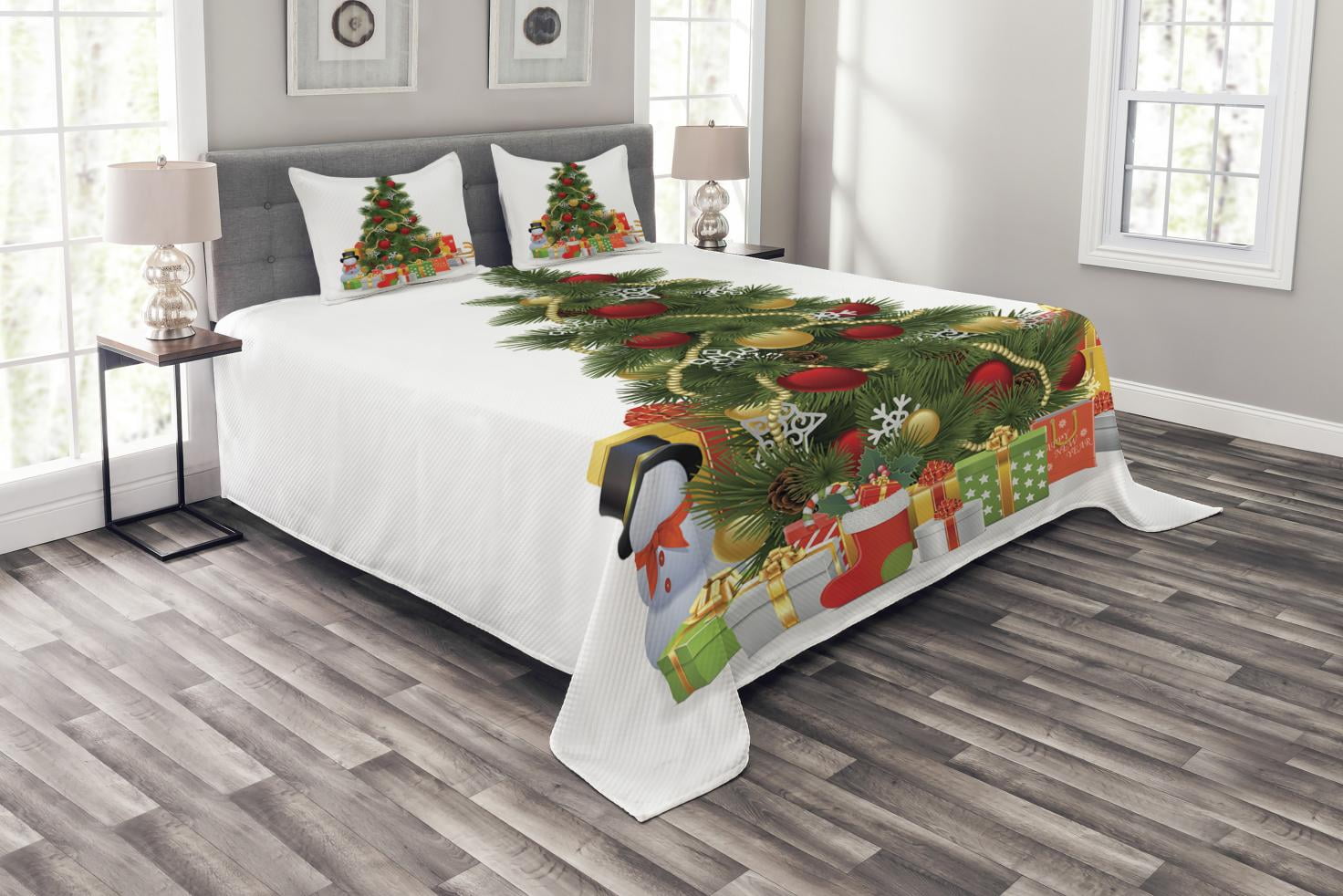 Ambesonne Christmas Quilted Bedspread Set 3 Pcs, Christmas Tree Style ...