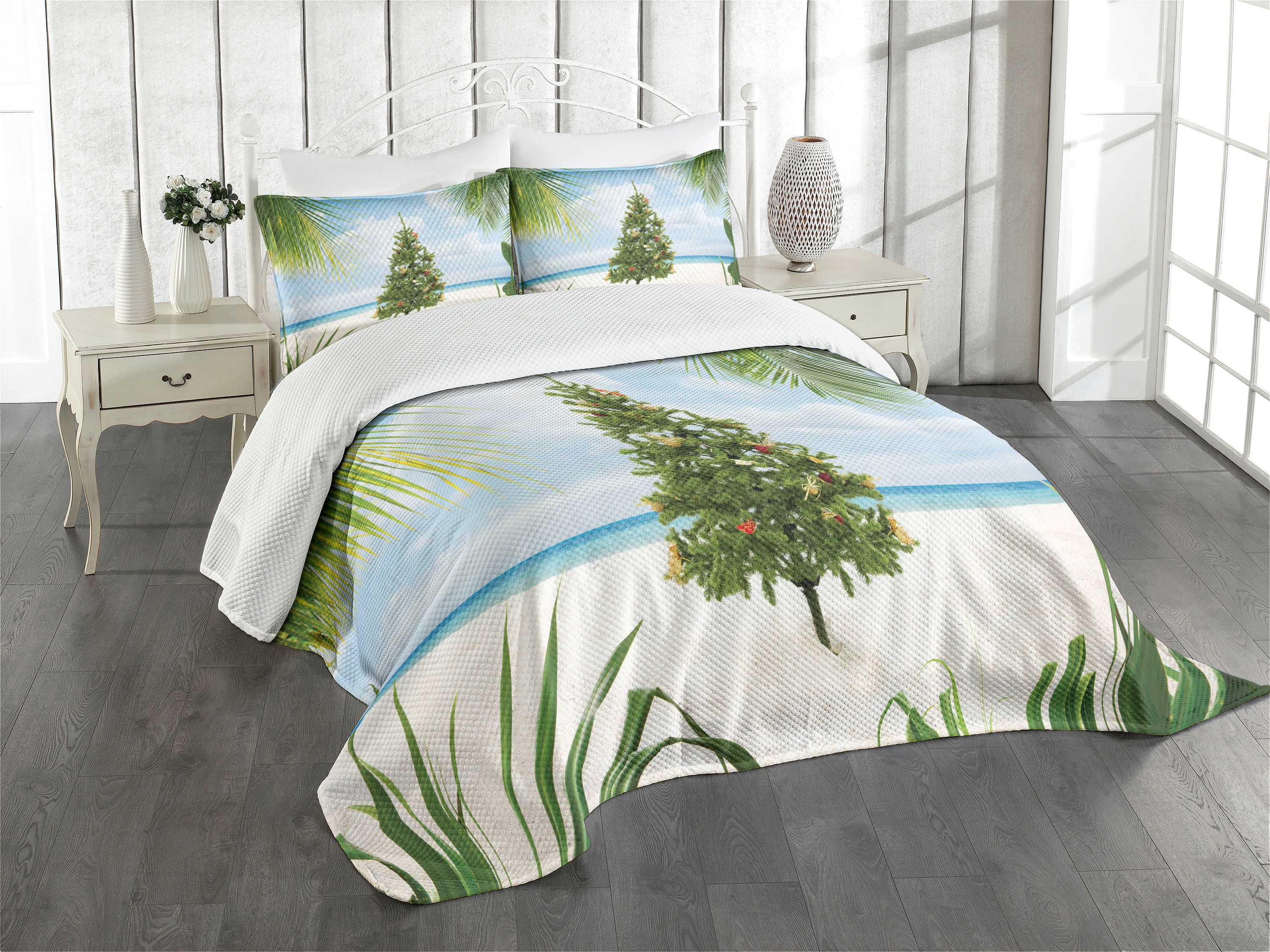 Ambesonne Christmas Quilted Bedspread Set 3 Pcs, Holiday Party Tree ...