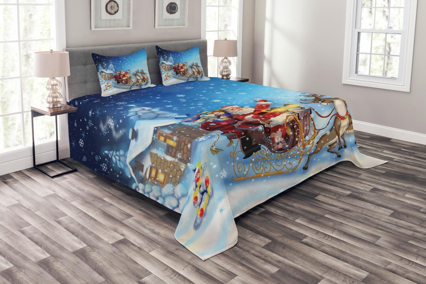 Ambesonne Christmas Quilted Bedspread Set 3 Pcs, Santa in Sleigh, King ...