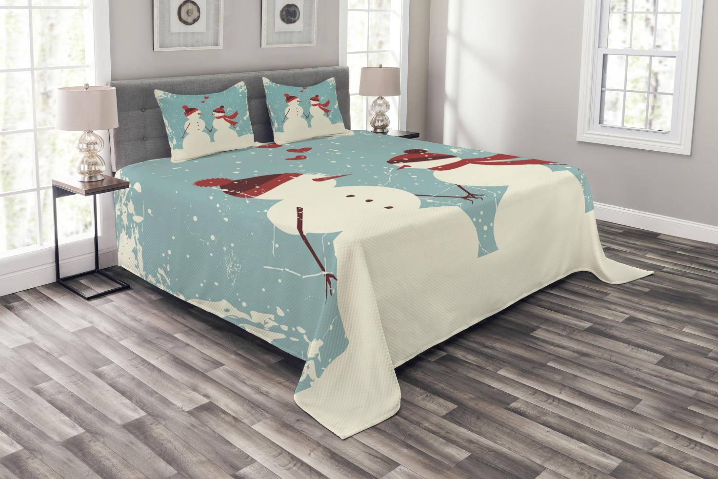 Ambesonne Christmas Quilted Bedspread Set 3 Pcs, Snowman Woman Love ...