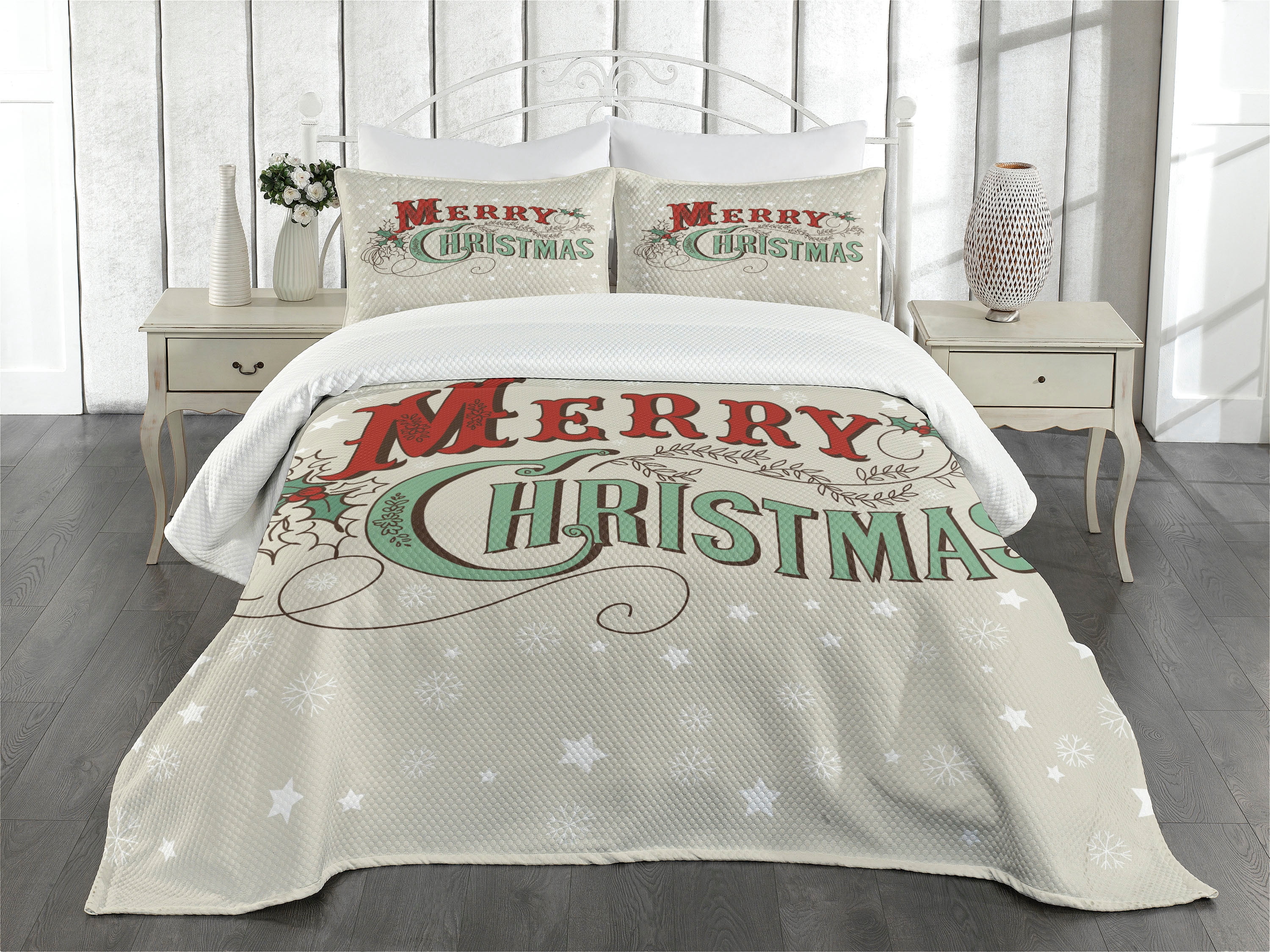 Ambesonne Christmas Quilted Bedspread Set 3 Pcs, Star Snowflake Retro ...