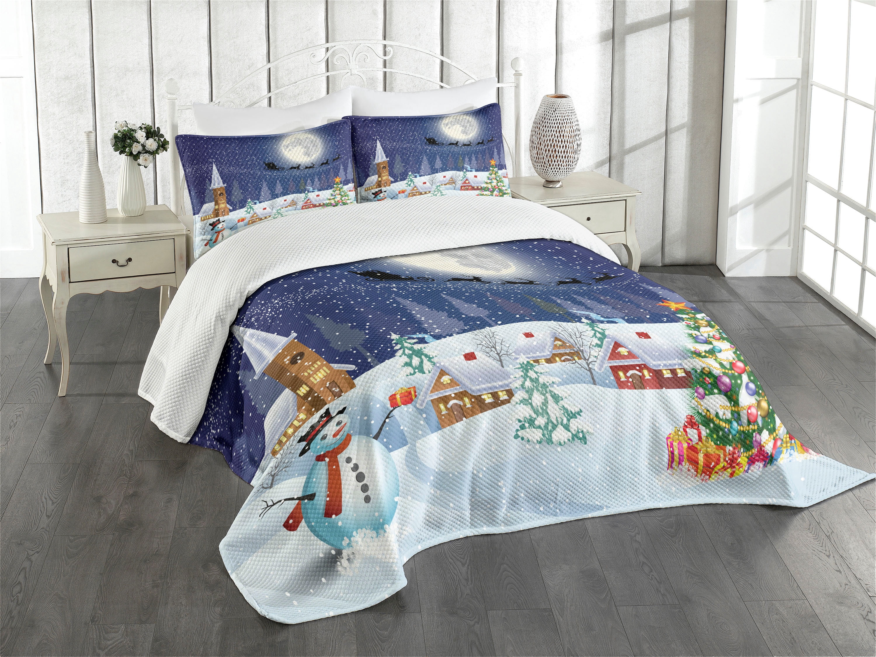 Ambesonne Christmas Quilted Bedspread Set 3 Pcs, Winter Landscape ...
