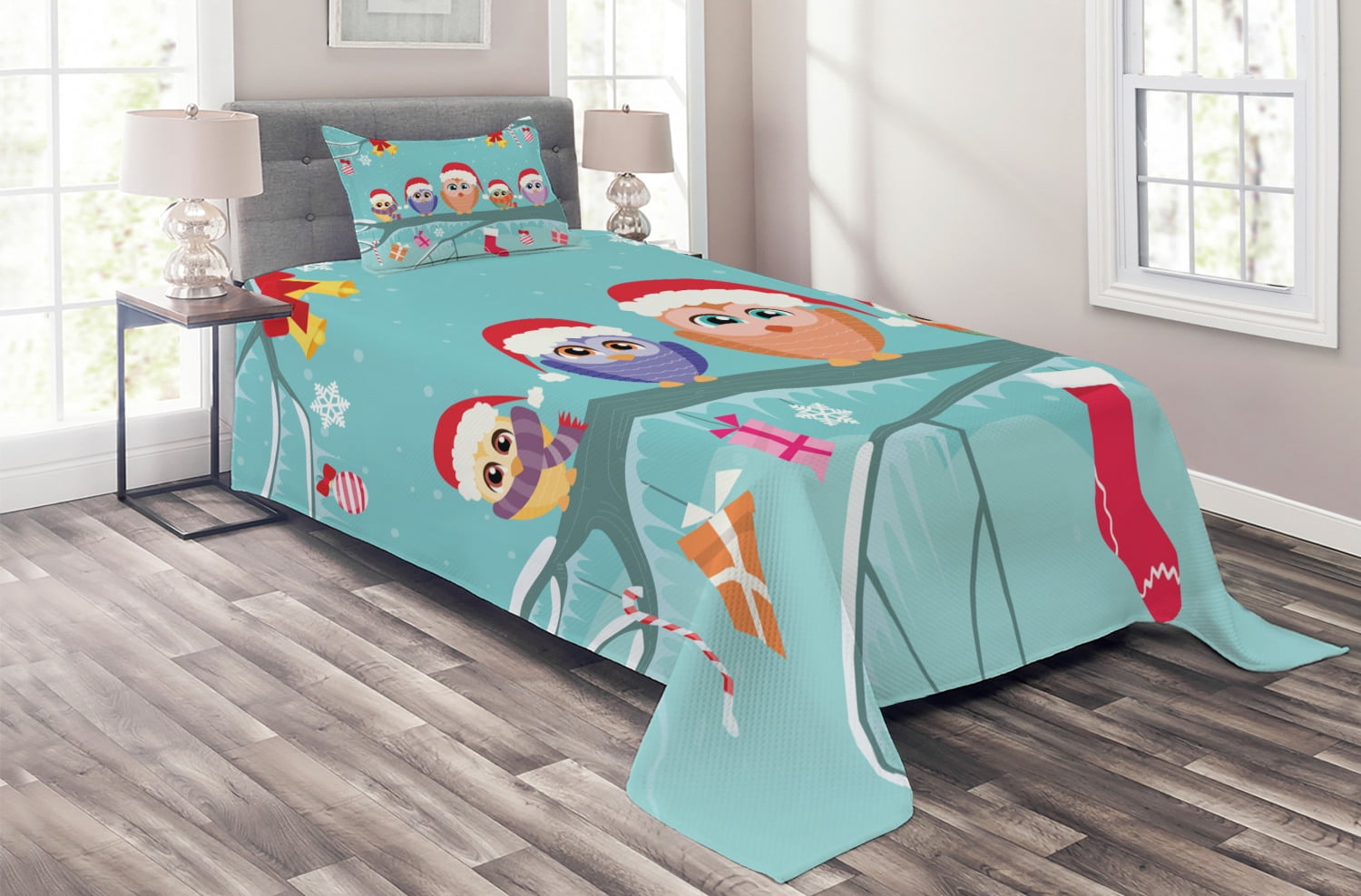 Ambesonne Christmas Quilted Coverlet 2 Pcs, Owl Family Tree, Twin Size ...