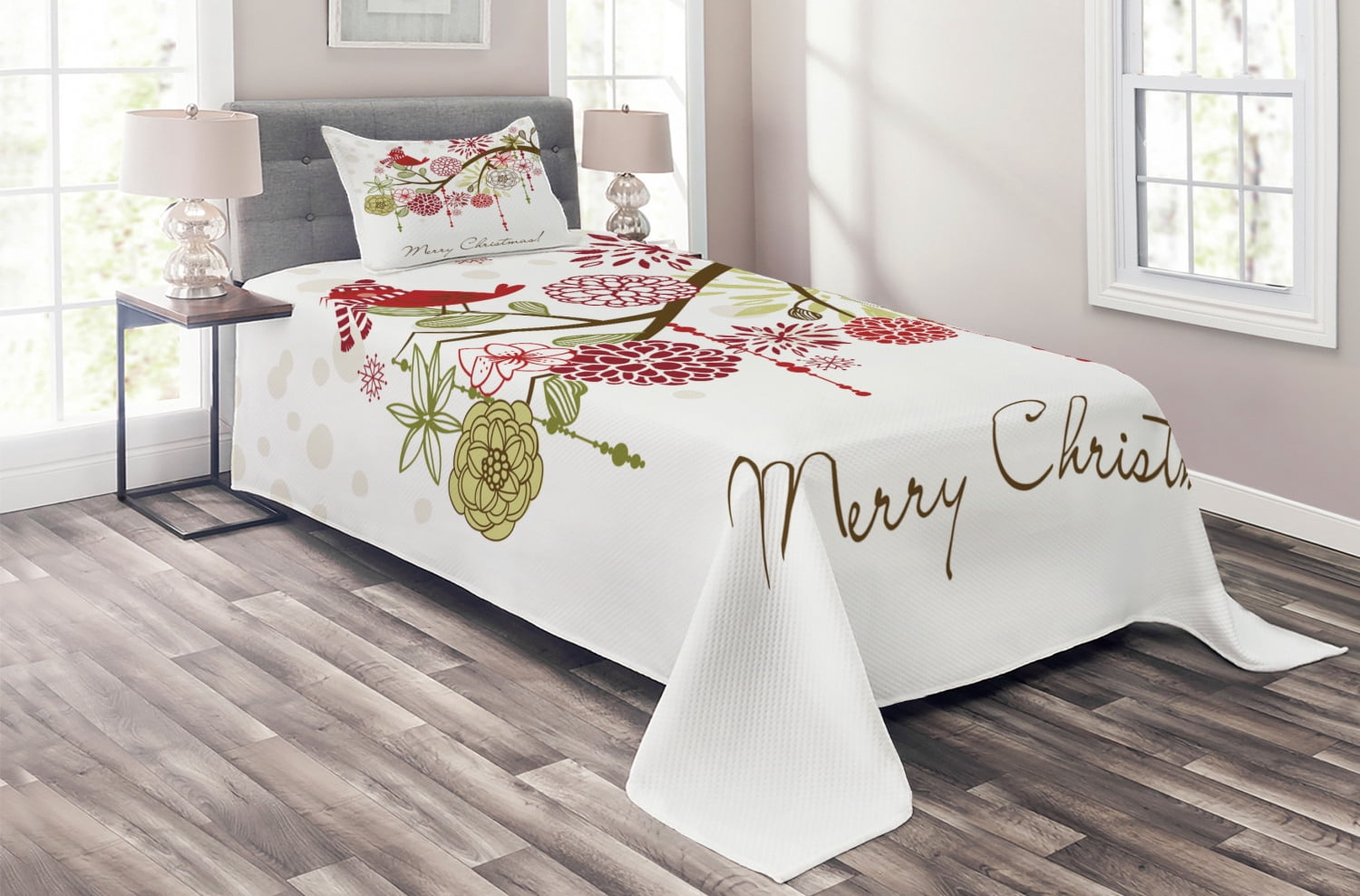 Ambesonne Christmas Quilted Coverlet 2 Pcs, Red Bird Floral Tree, Twin ...