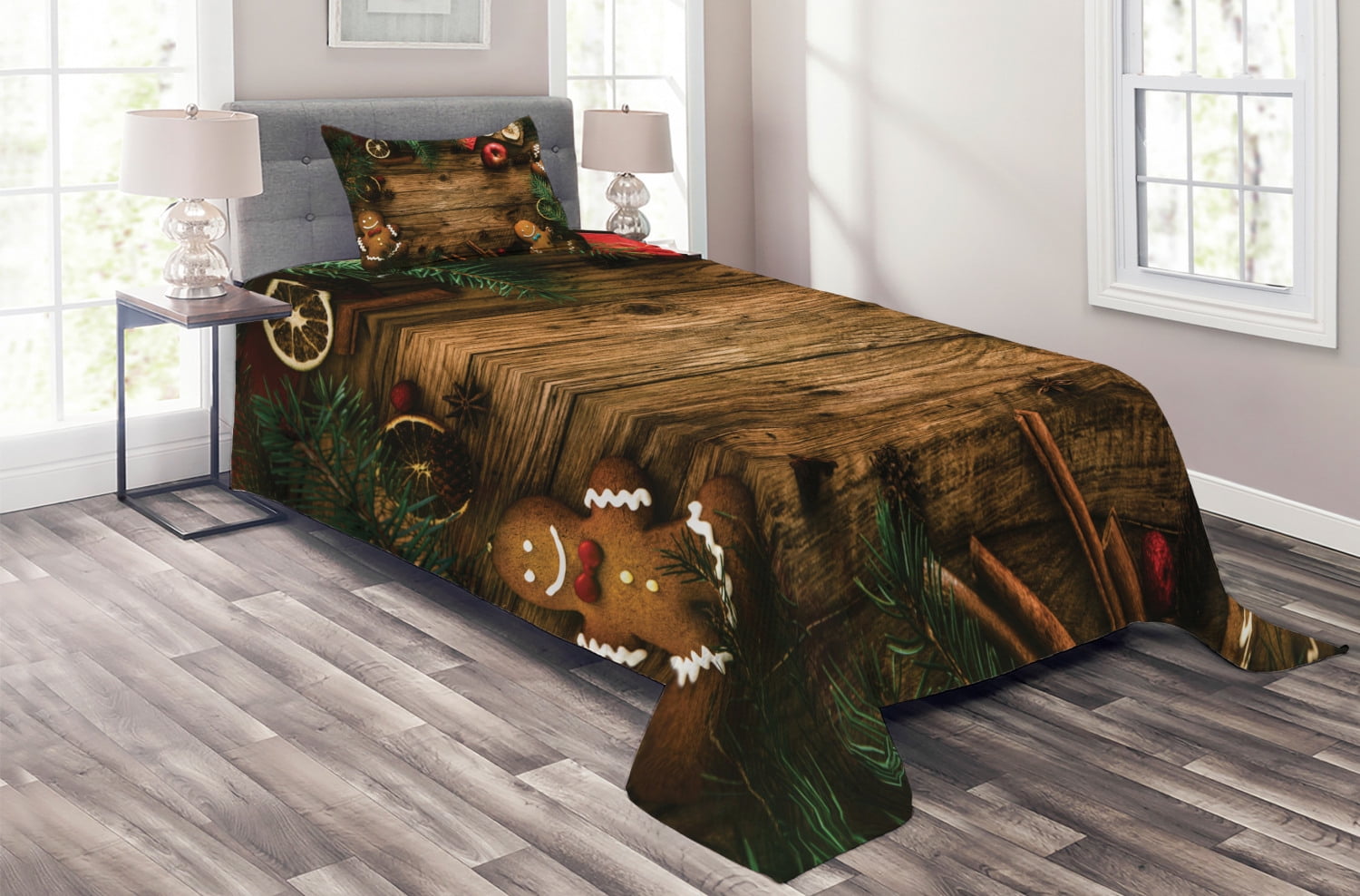 Ambesonne Christmas Quilted Coverlet 2 Pcs, Rustic Lodge Wood, Twin ...