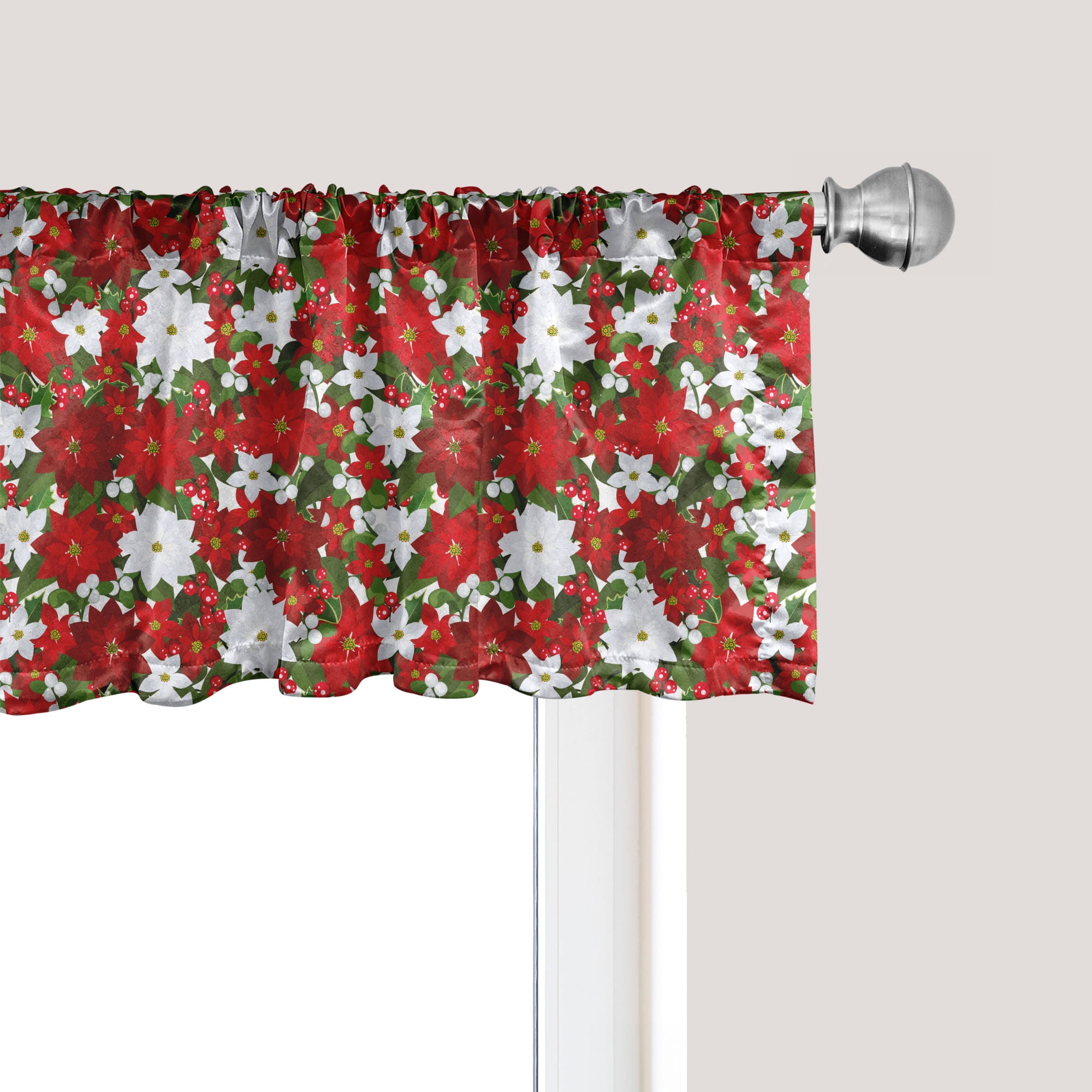 Ambesonne Christmas Window Valance, Holly Mistletoe, 54" X 18", White ...