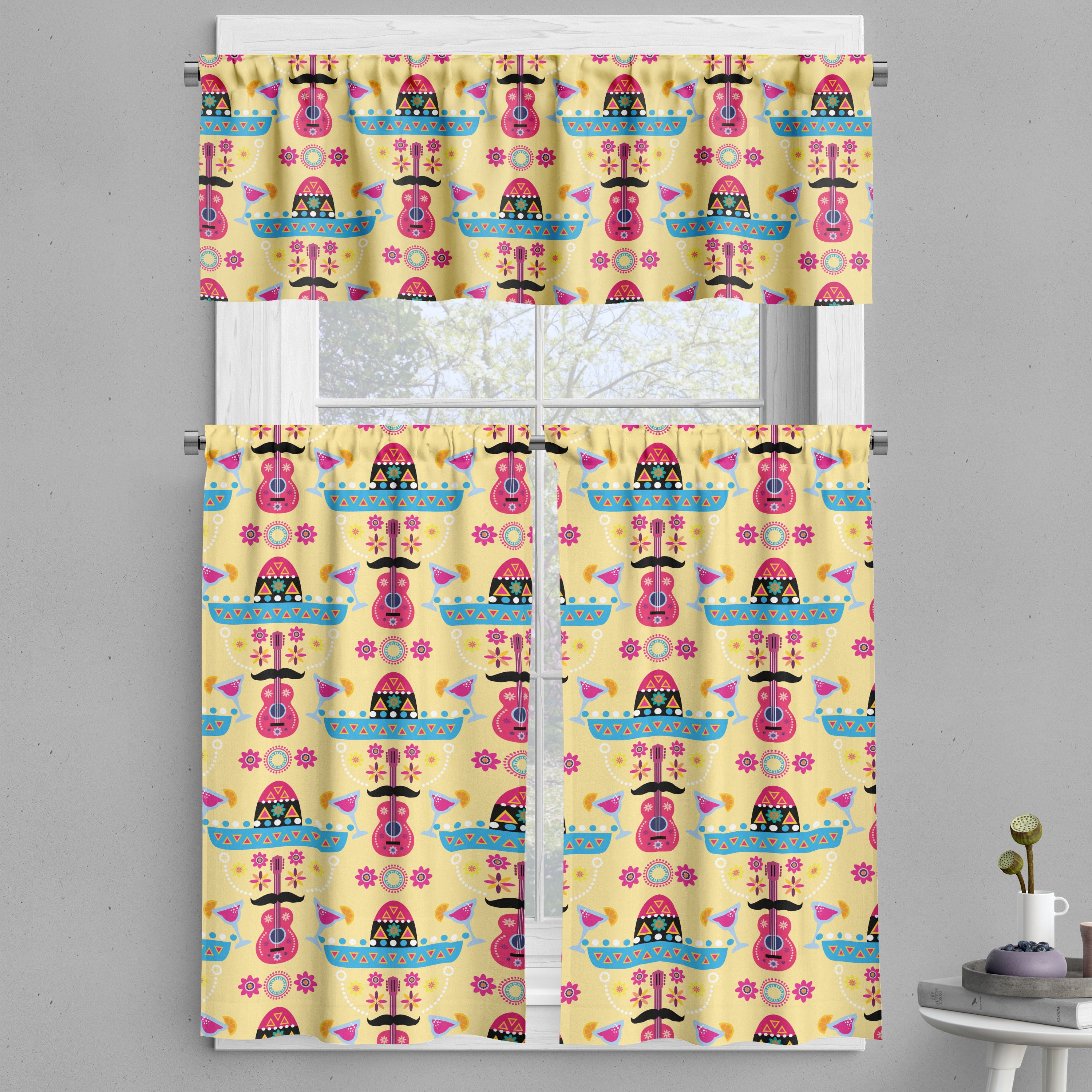 Ambesonne Cinco de Mayo Valance & Curtain, Funny Face, 55"x30", Pastel ...