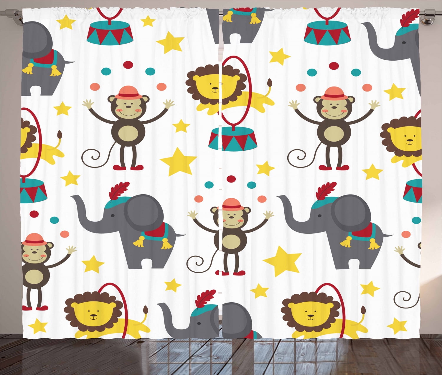 Ambesonne Circus Curtains 2 Panel Set, Doodle Circus Animals, 108" x 63 ...